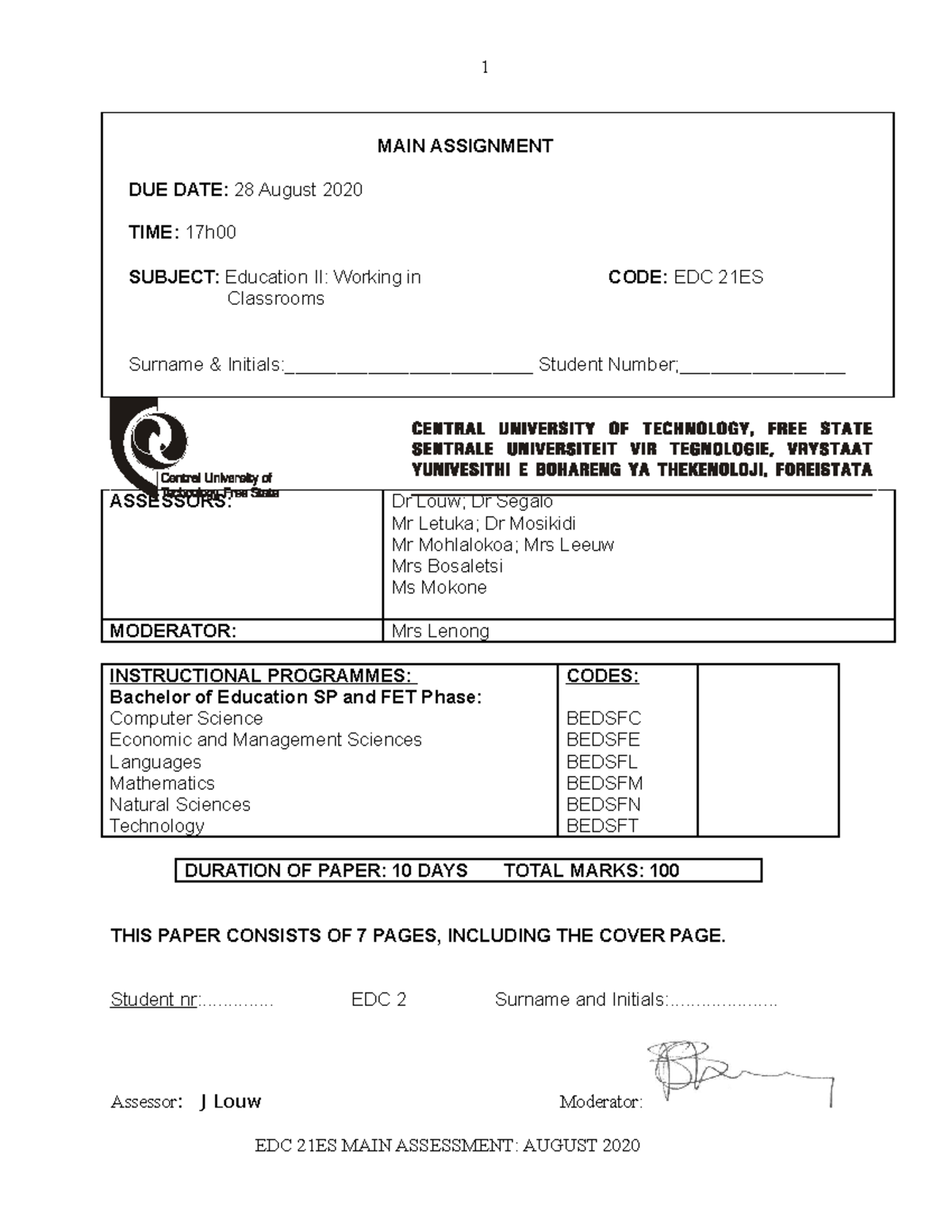 EDC2 Main Assignment 2020 final - MAIN ASSIGNMENT DUE DATE: 28 August ...