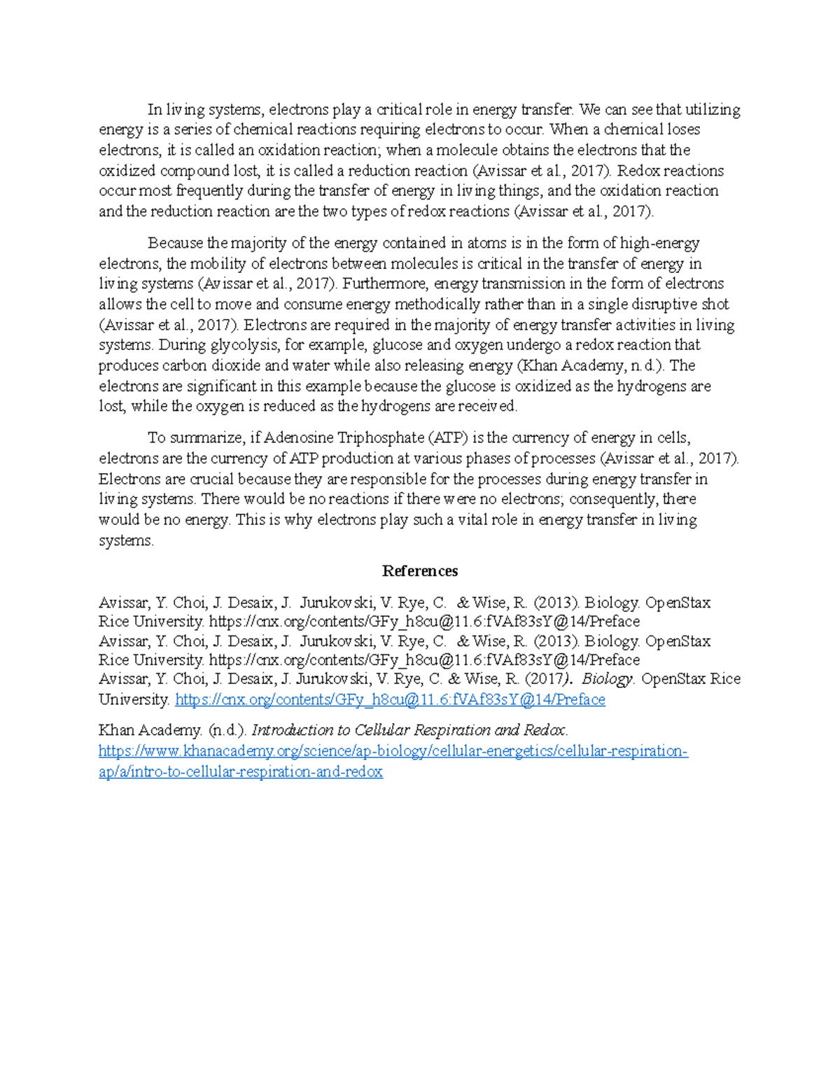 BIOL 1301 Discussion 3 - In living systems, electrons play a critical ...