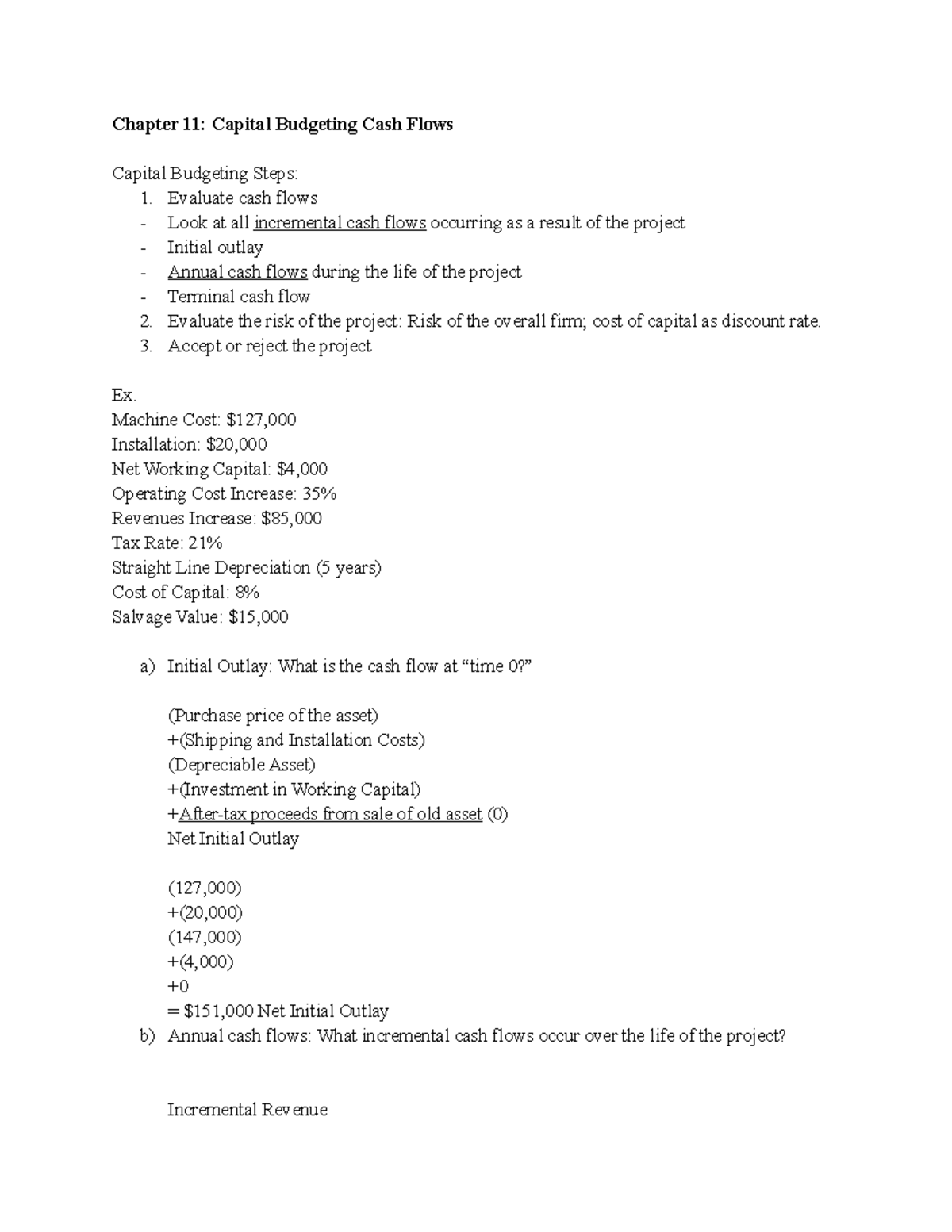 FIN. CH. 11 Notes - Chapter 11: Capital Budgeting Cash Flows Capital ...