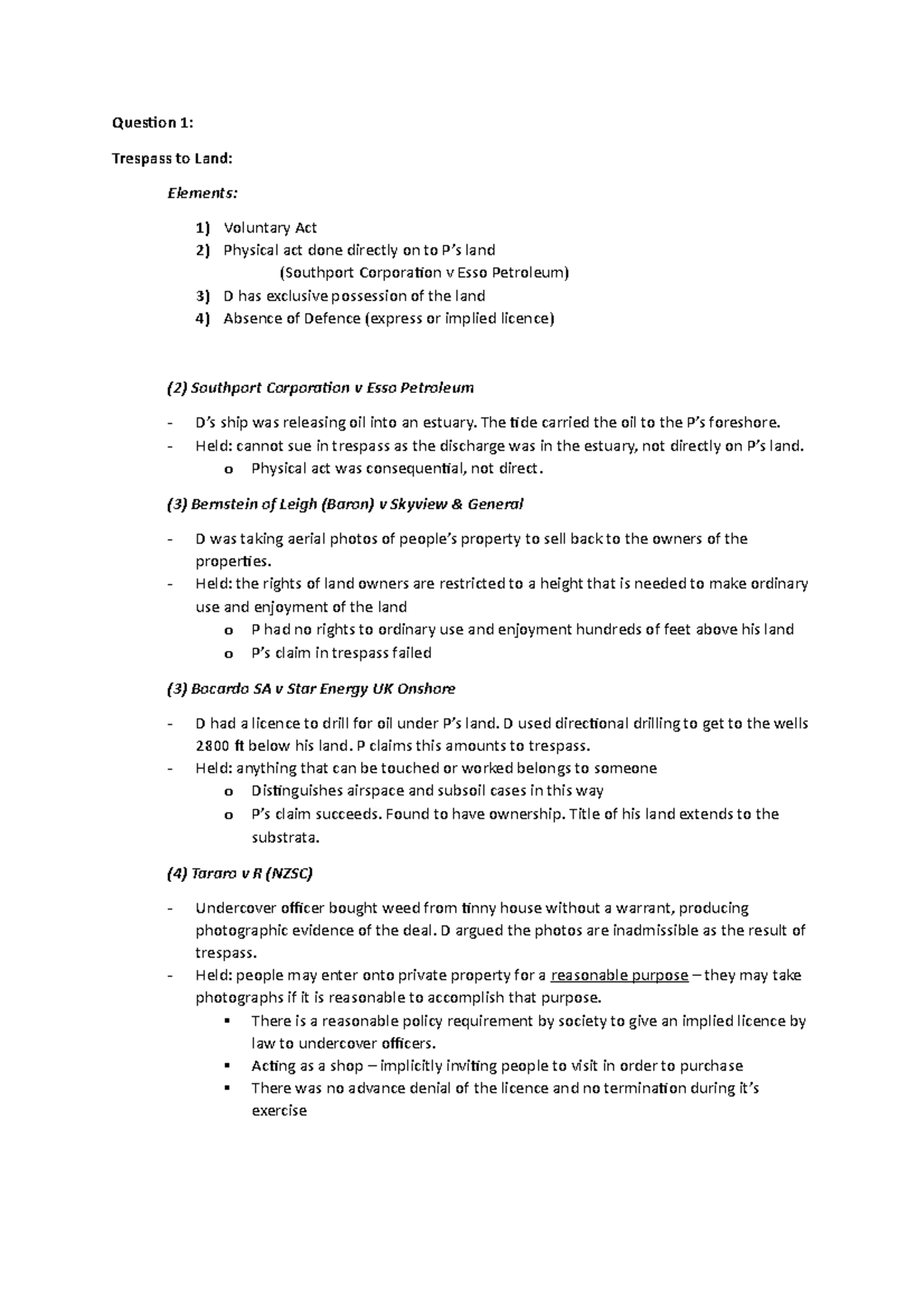 Land Based Torts - Question 1: Trespass to Land: Elements: 1) Voluntary ... Land Based Torts - Question 1: Trespass to Land: Elements: 1) Voluntary ...