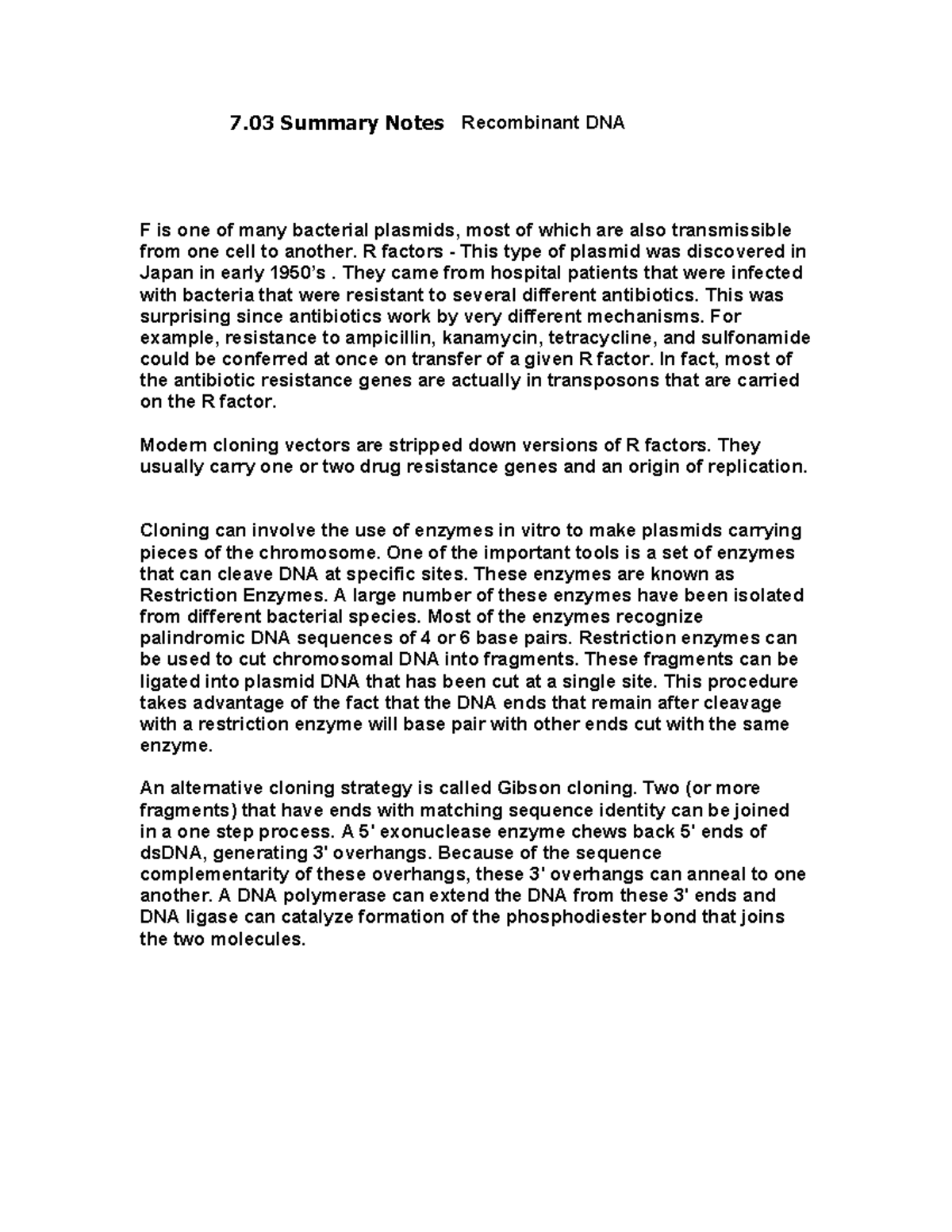 703 Summary Notes Recombinant Dna Lecture Notes Recombinant Dna F Is One Of Many Bacterial