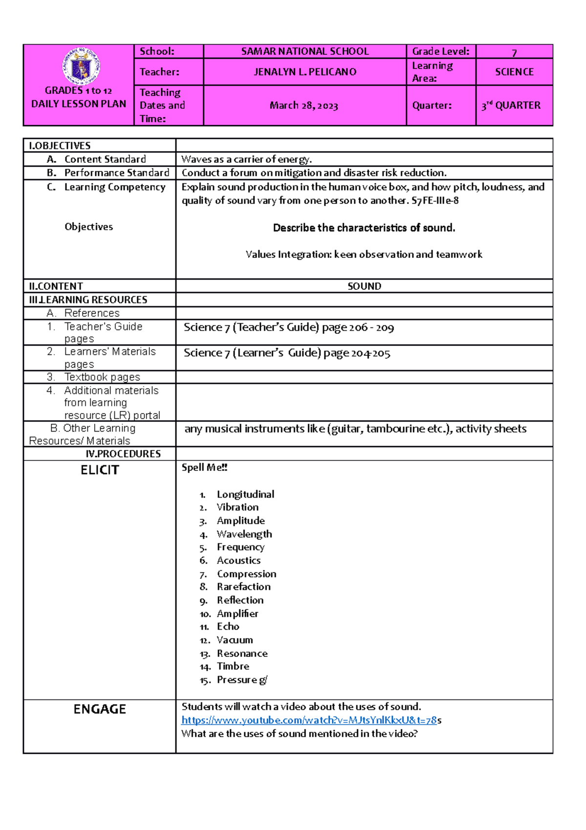 GIG - Q3 LP SOUND - GRADES 1 to 12 DAILY LESSON PLAN School: SAMAR ...
