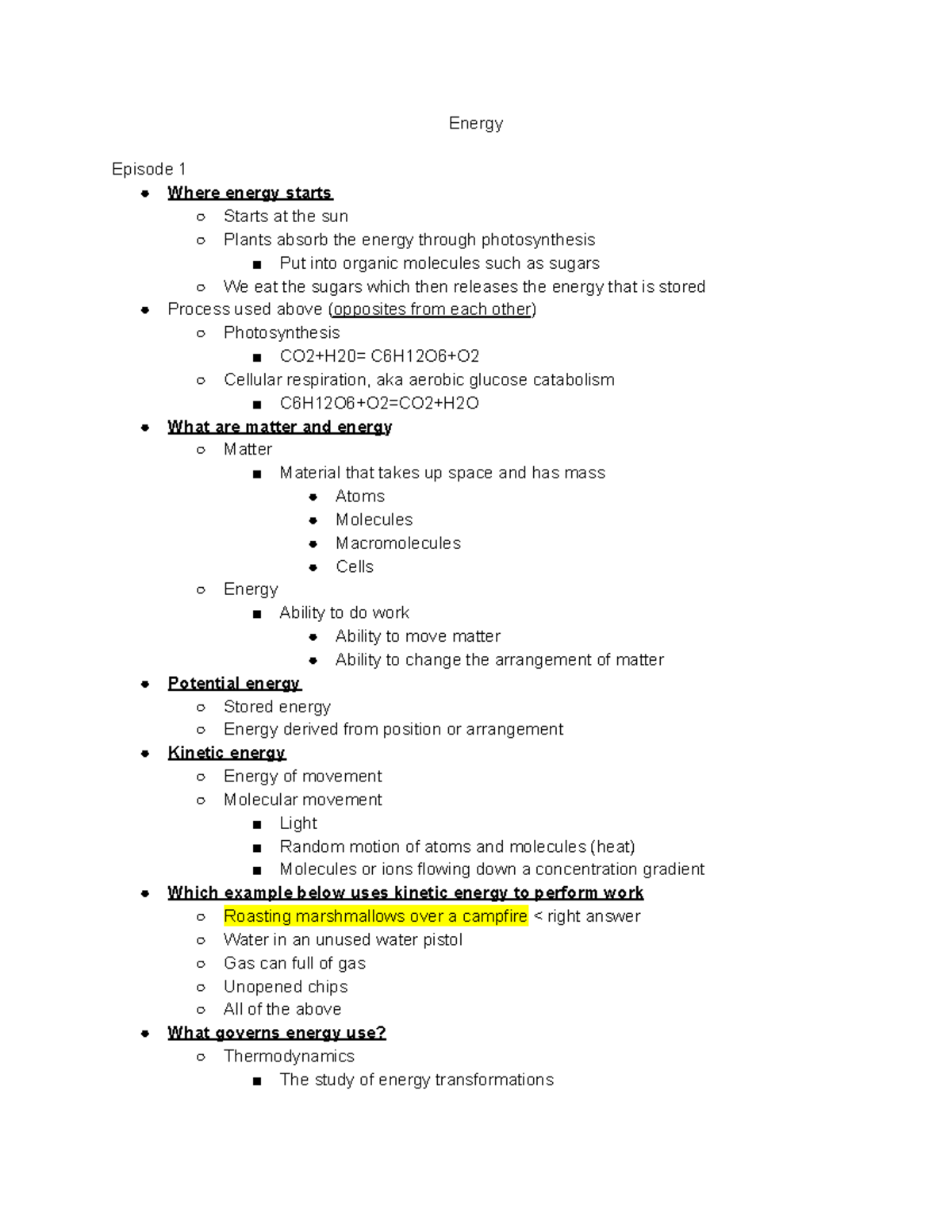 Unit 3 Bio notes - Energy Episode 1 Where energy starts Starts at the ...