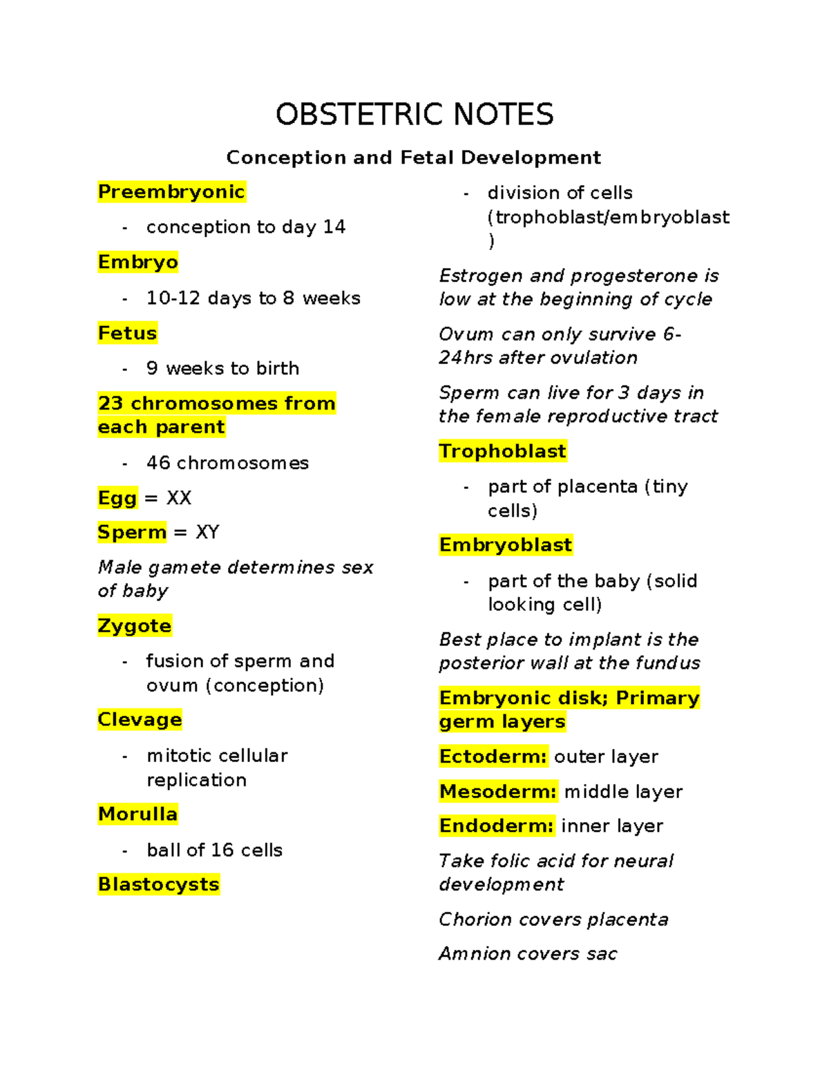 OB Exam 2 Notes - OBSTETRIC NOTES Conception and Fetal Development ...