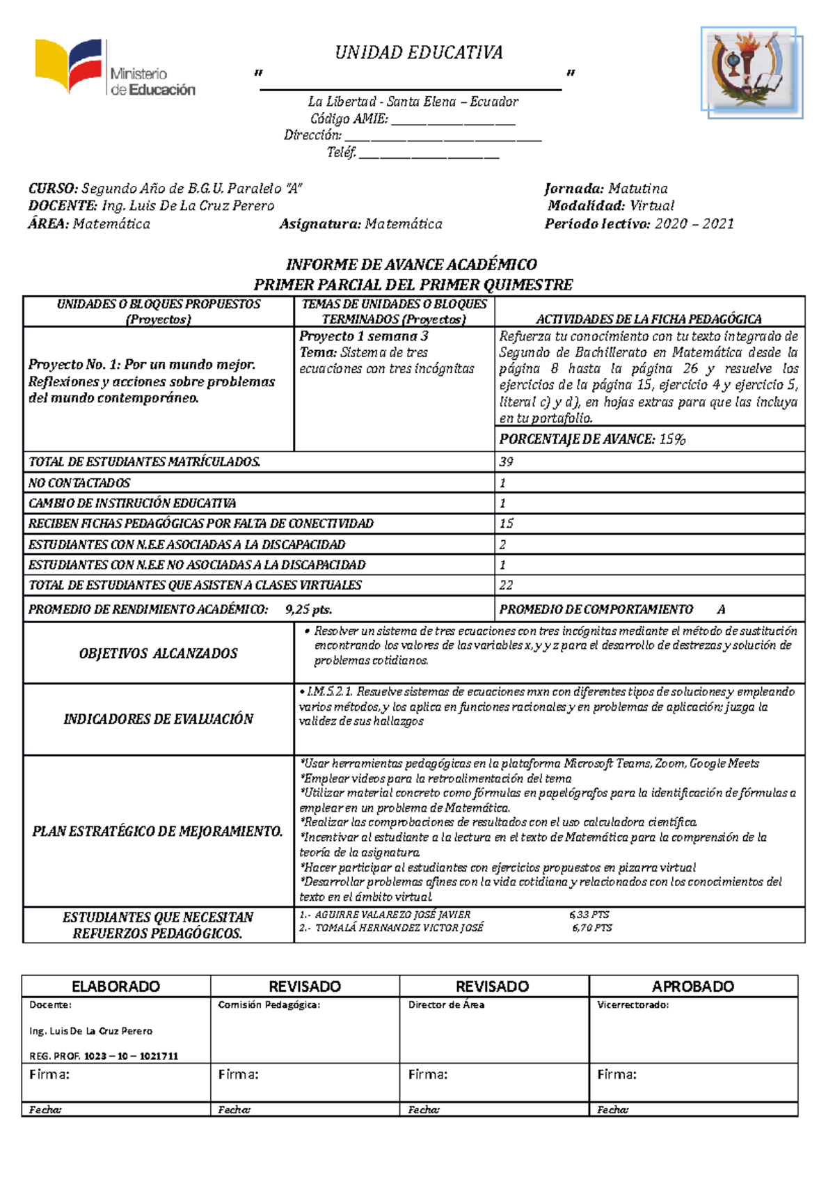 Informe DE Avance Académico Matemática - UNIDAD EDUCATIVA - Studocu