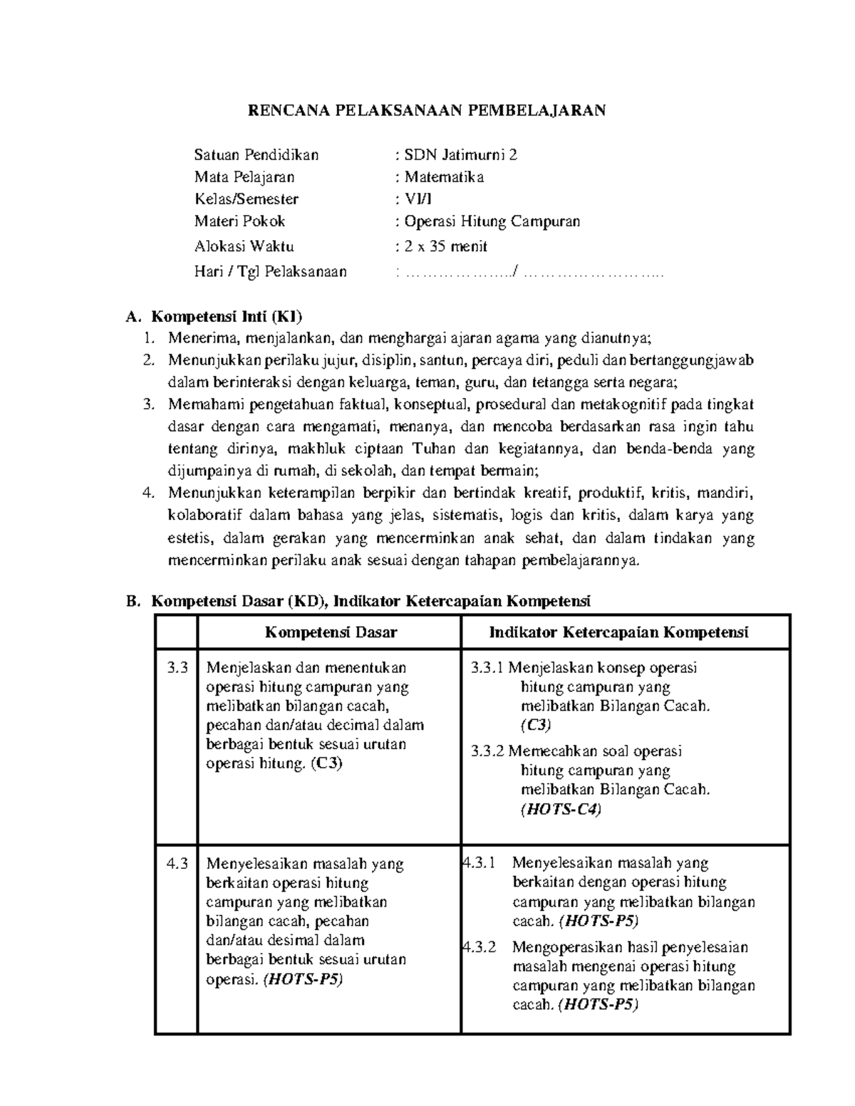 Contoh rpp mat pbl - RENCANA PELAKSANAAN PEMBELAJARAN Satuan Pendidikan ...