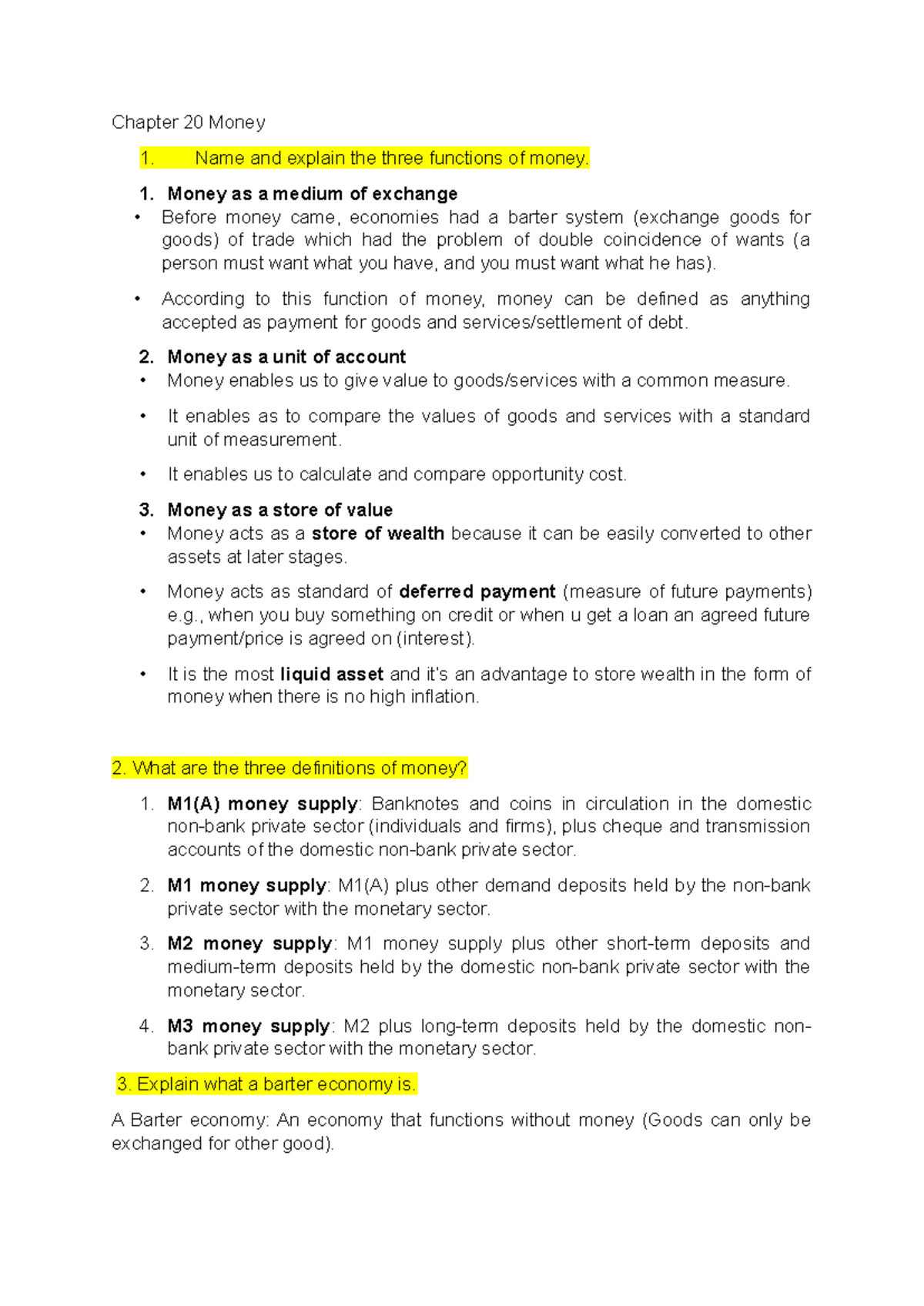 Chapter 20 - Notes guide - Chapter 20 Money 1. Name and explain the ...
