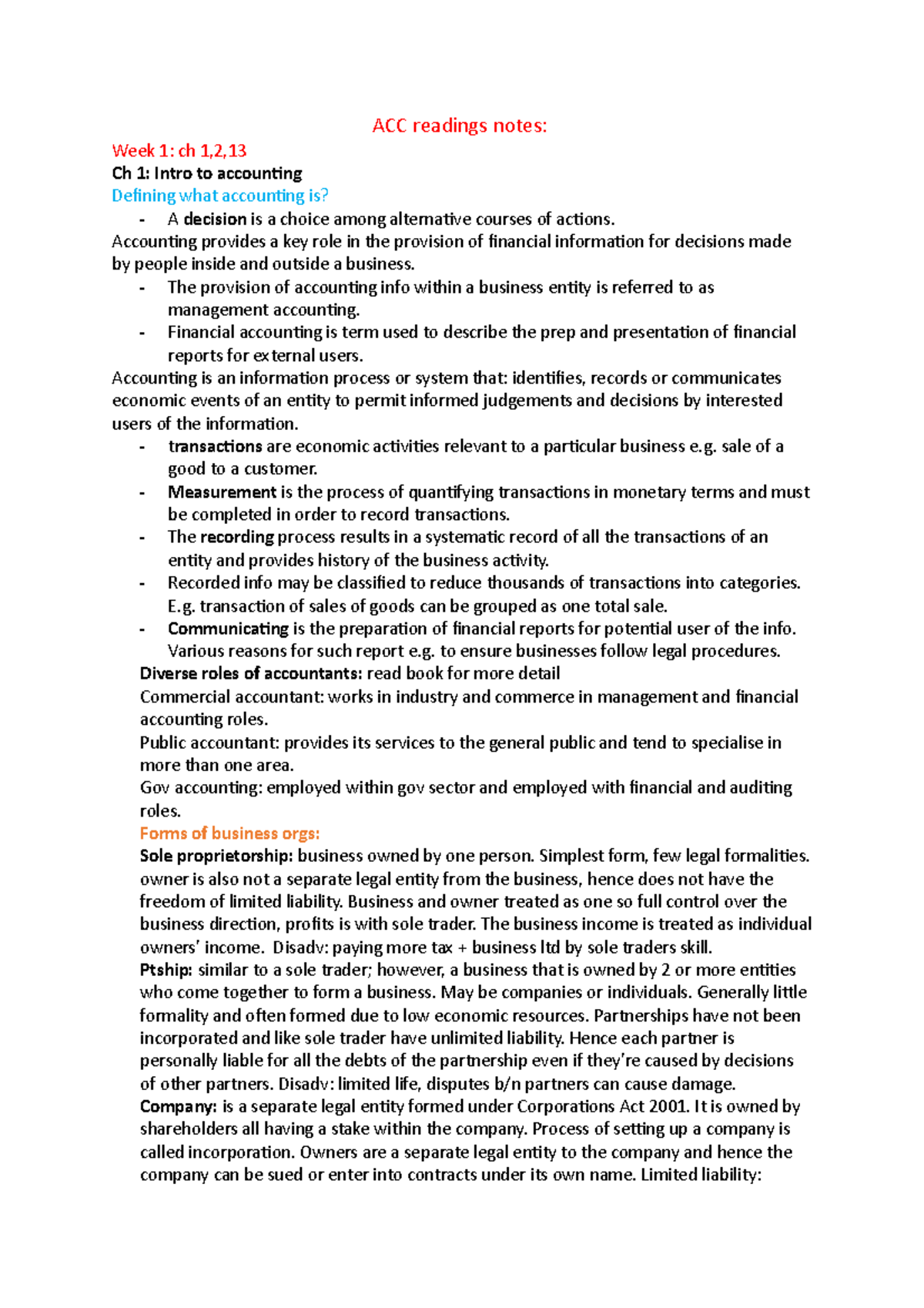ACC readings notes - ACC readings notes: Week 1: ch 1,2, Ch 1: Intro to ...