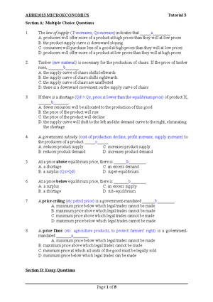 Tutorial 3 Section B Answer - ABBE1013 MICROECONOMICS tutorial 3 Section B: Essay Questions (a ...