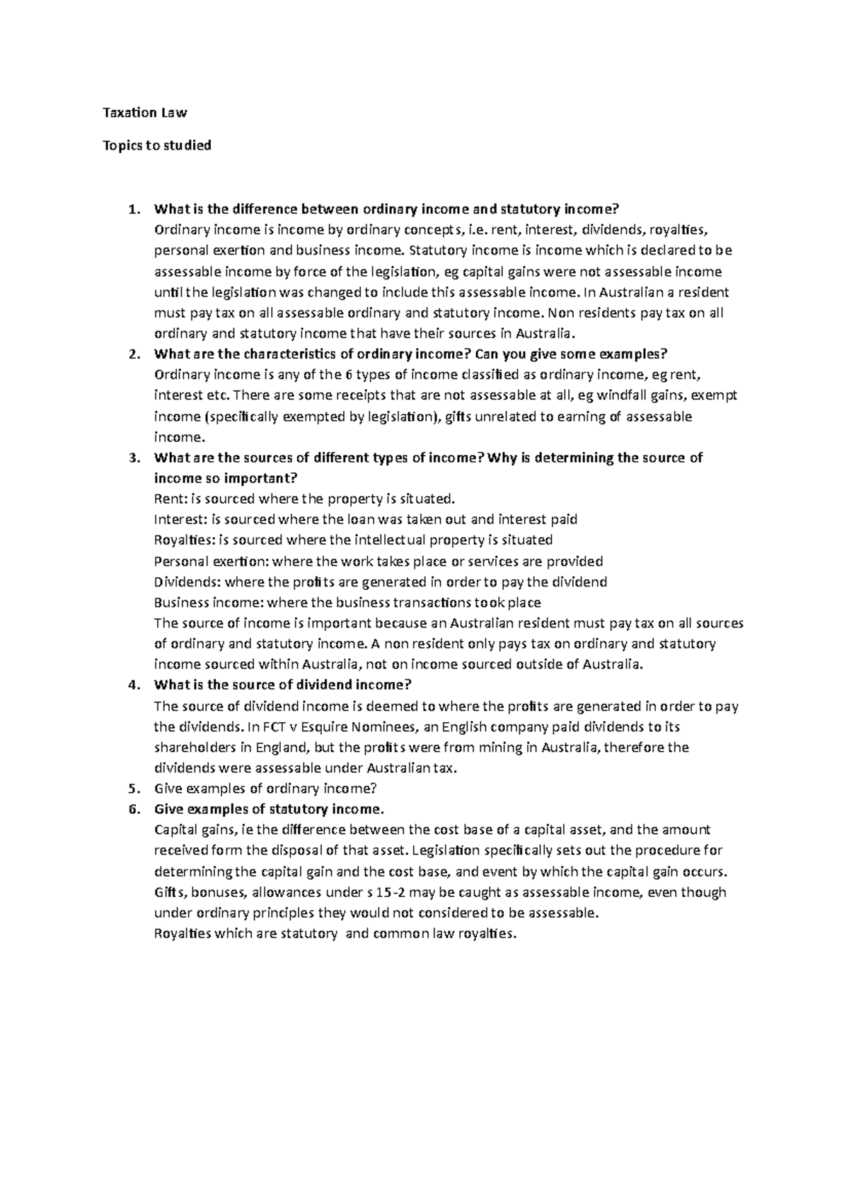 Taxation Law Topics To Be Studied And Answers Taxation Law Topics To