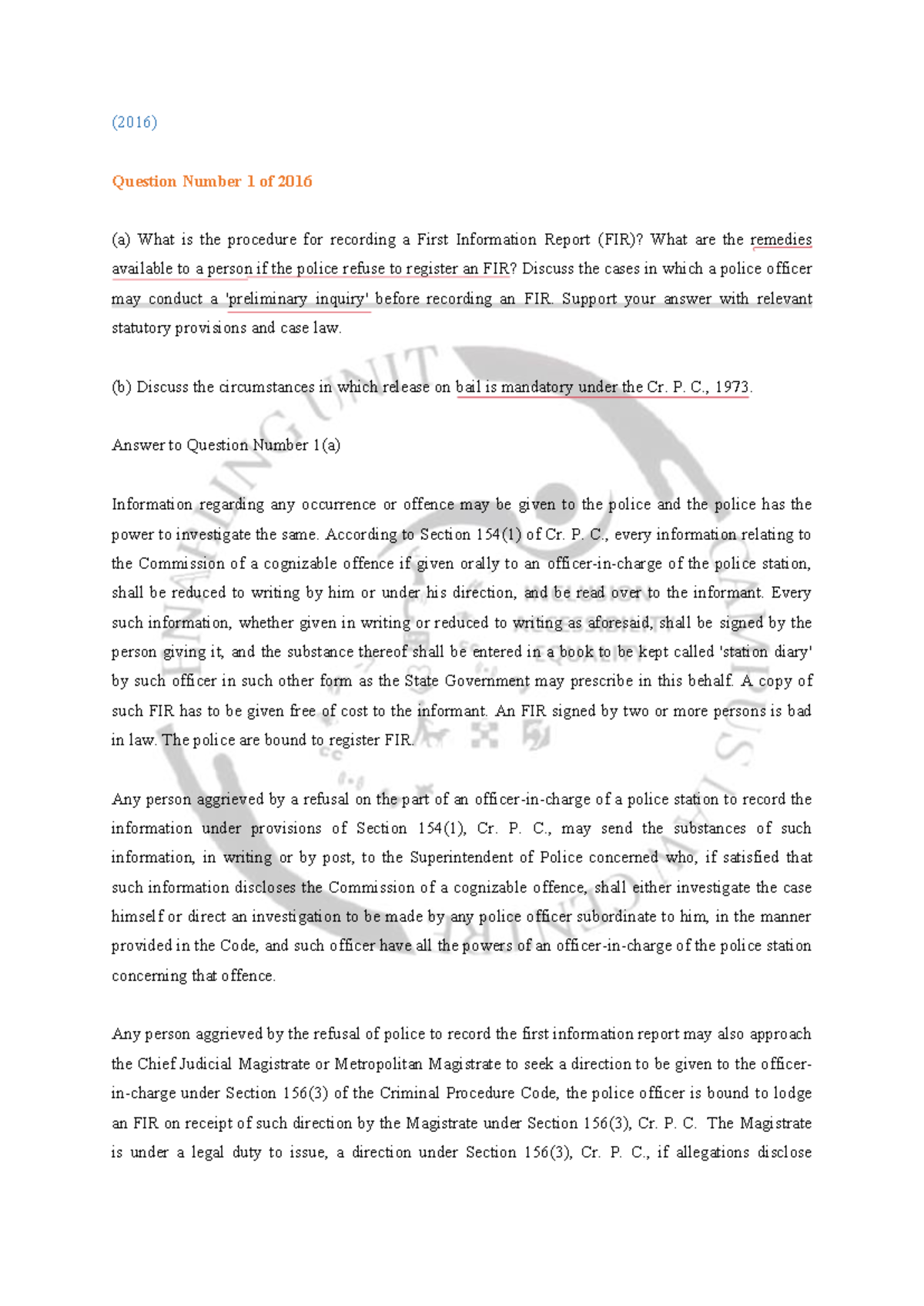 CRPC PYQ (2016-2021) - All pyqs - (2016) Question Number 1 of 20 16 (a) What is the procedure ...