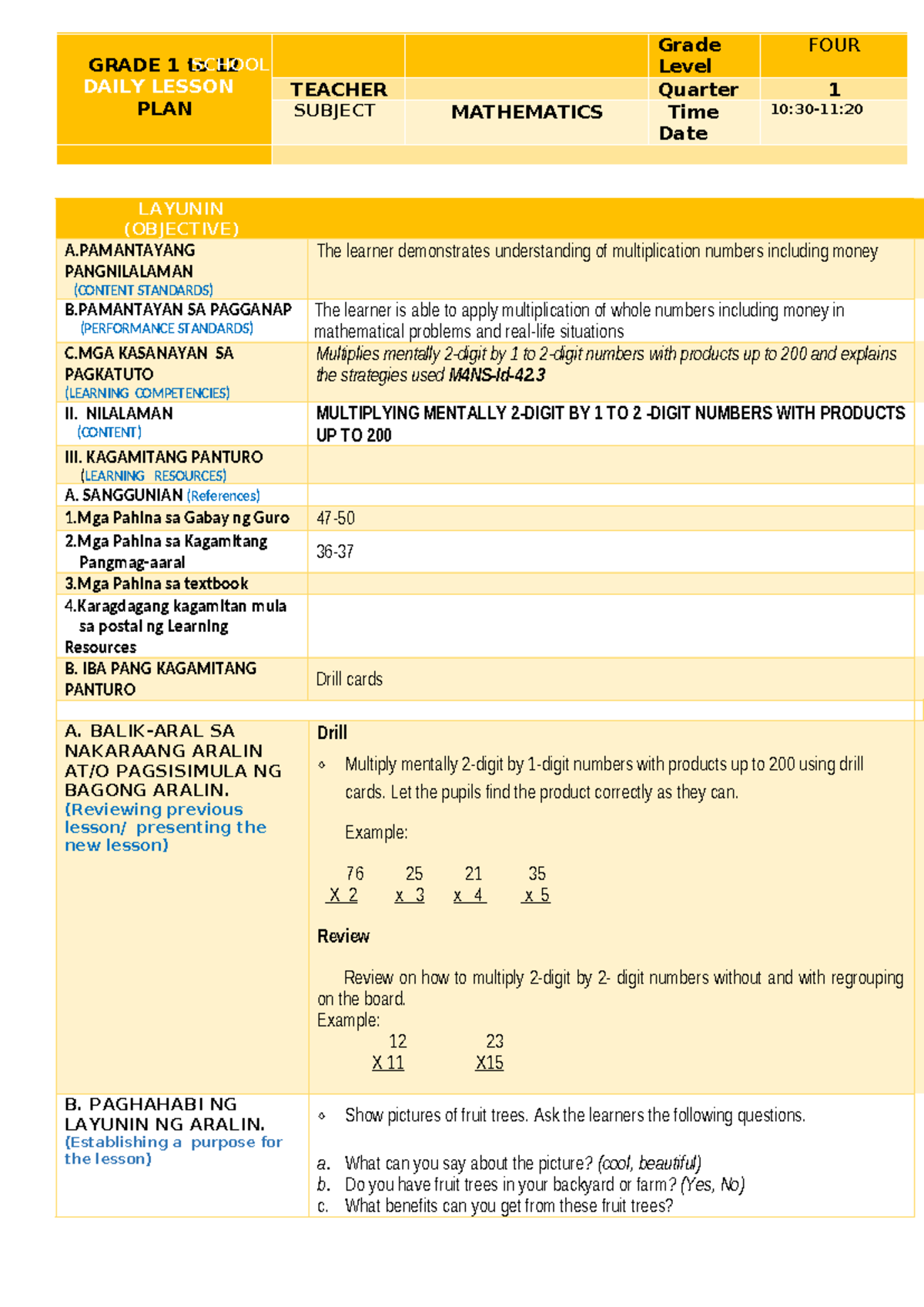 COT MATH 4 - cot math 4 - GRADE 1 to 12 DAILY LESSON PLAN SCHOOL Grade Level FOUR TEACHER ...