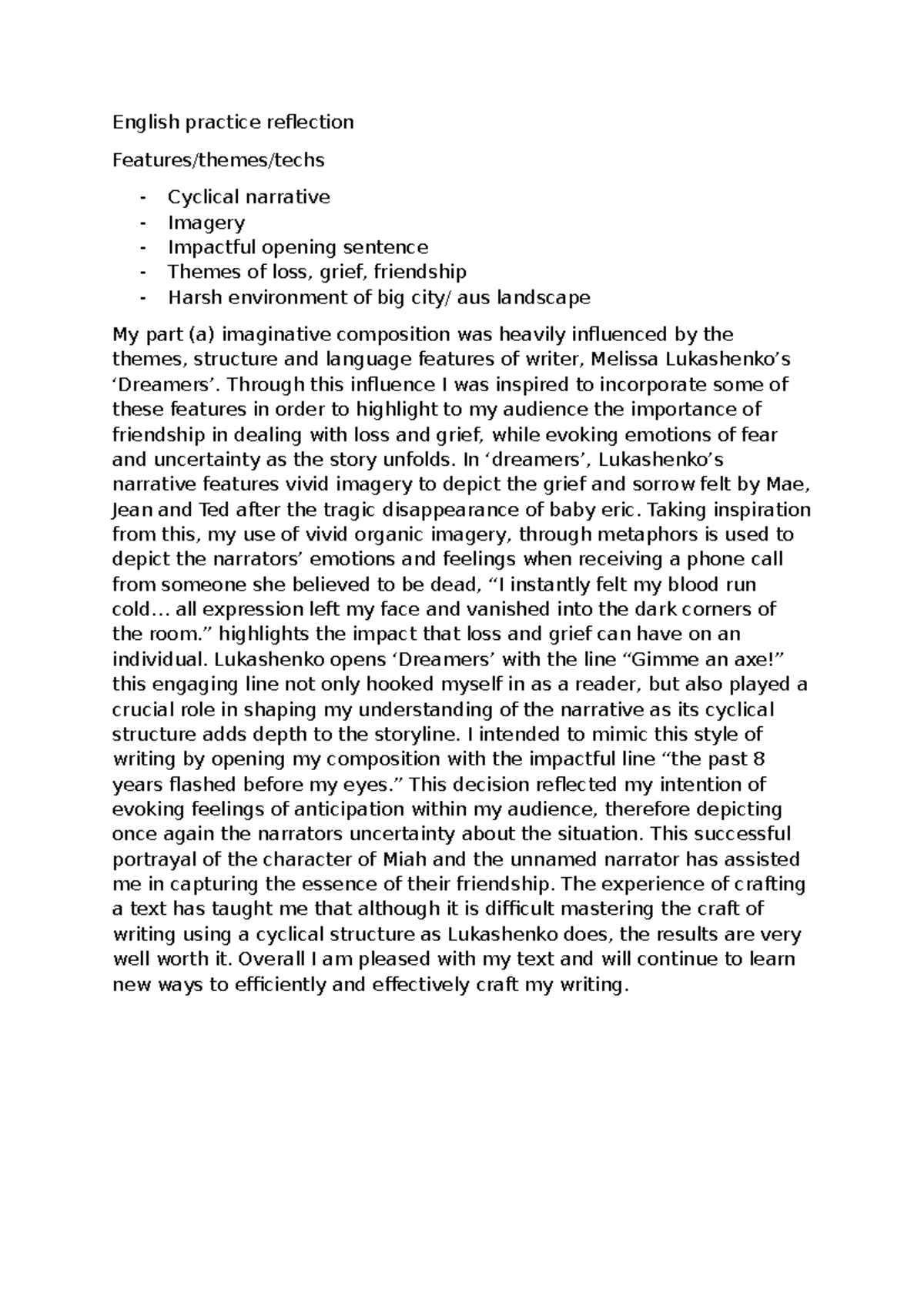 creative writing reflection - English practice reflection Features ...