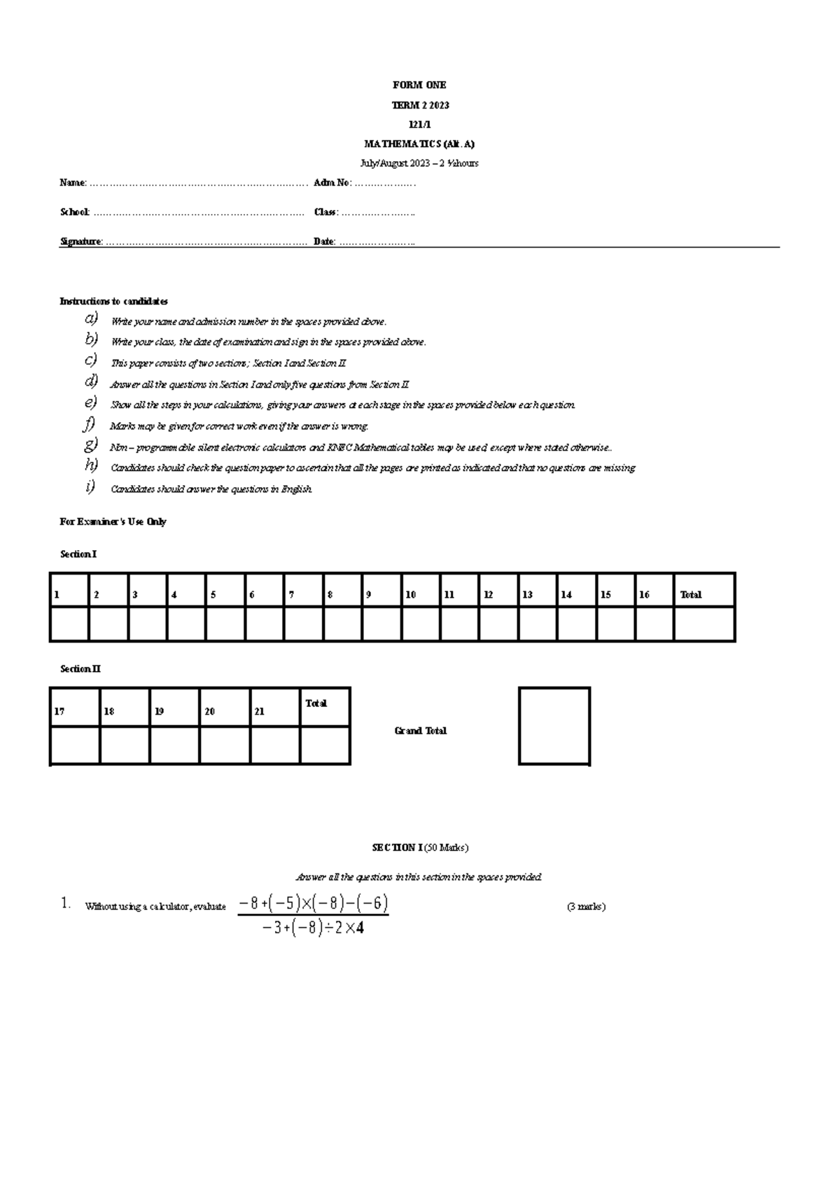 2023 Mathematics F1 QS T2 Exam Teacher - FORM ONE TERM 2 2023 121 ...