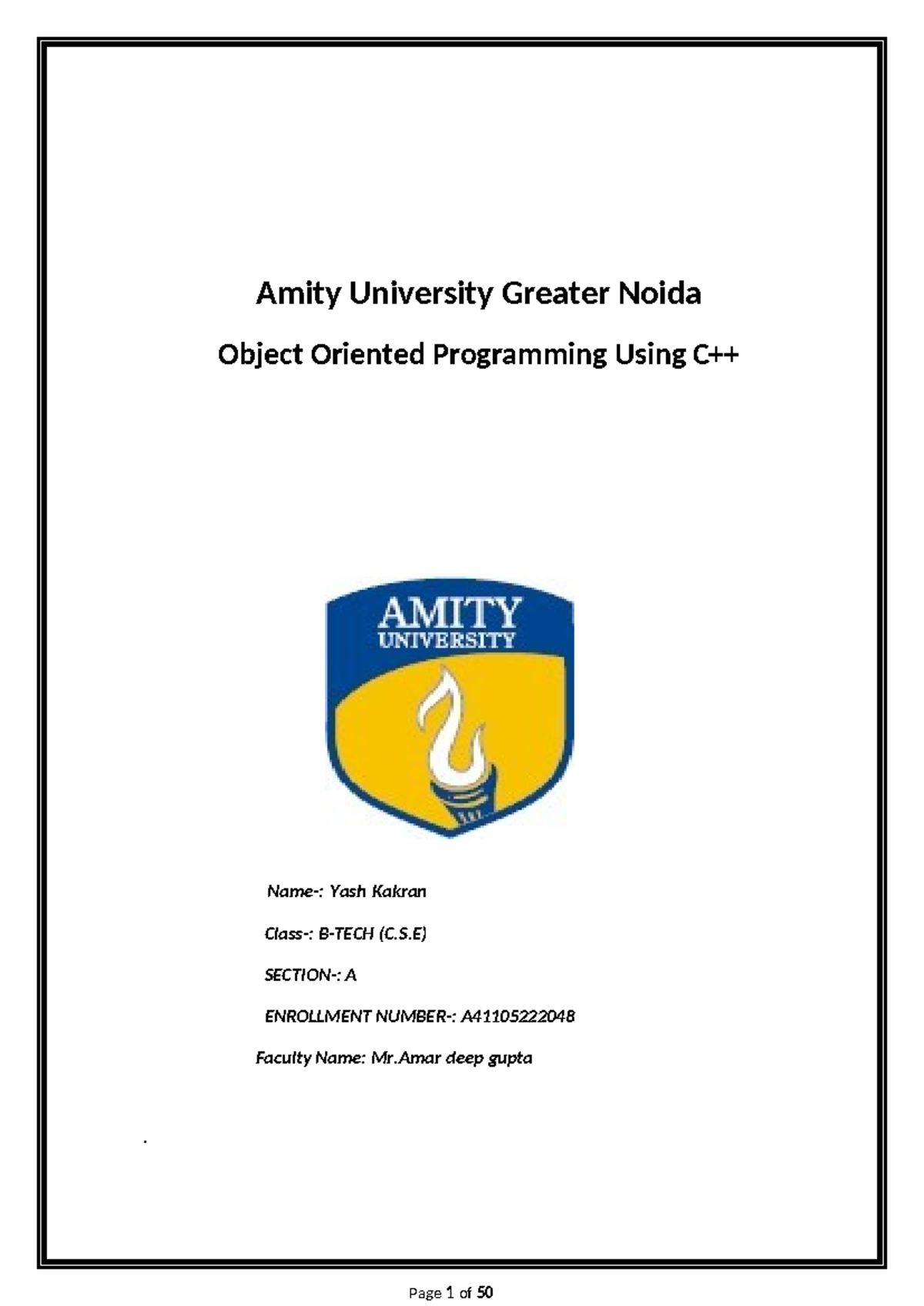 C++ Practical - Amity University Greater Noida Object Oriented ...