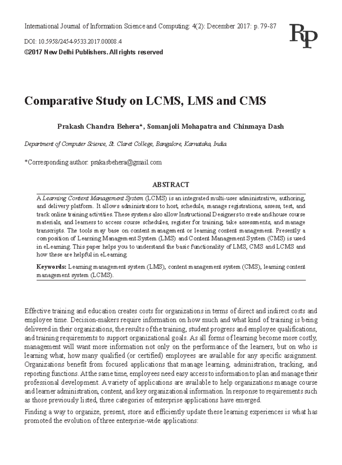 Comparative Study on LCMS, LMS and CMS - Claret College, Bangalore, Karnataka, India ...