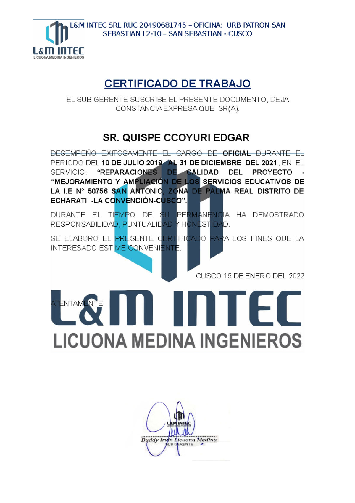 Certificado DE Trabajo Edgar Q - L&M INTEC SRL RUC 20490681745 ...