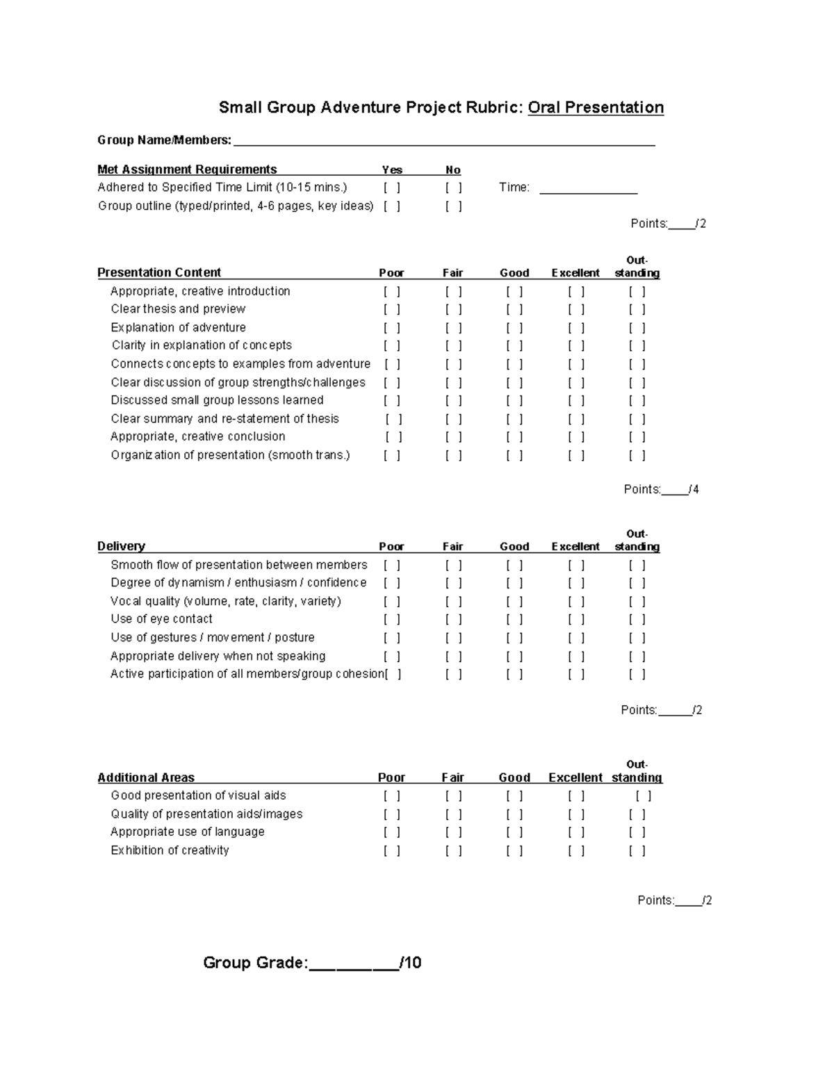 Rubric, Group Adventure - Small Group Adventure Project Rubric: Oral ...