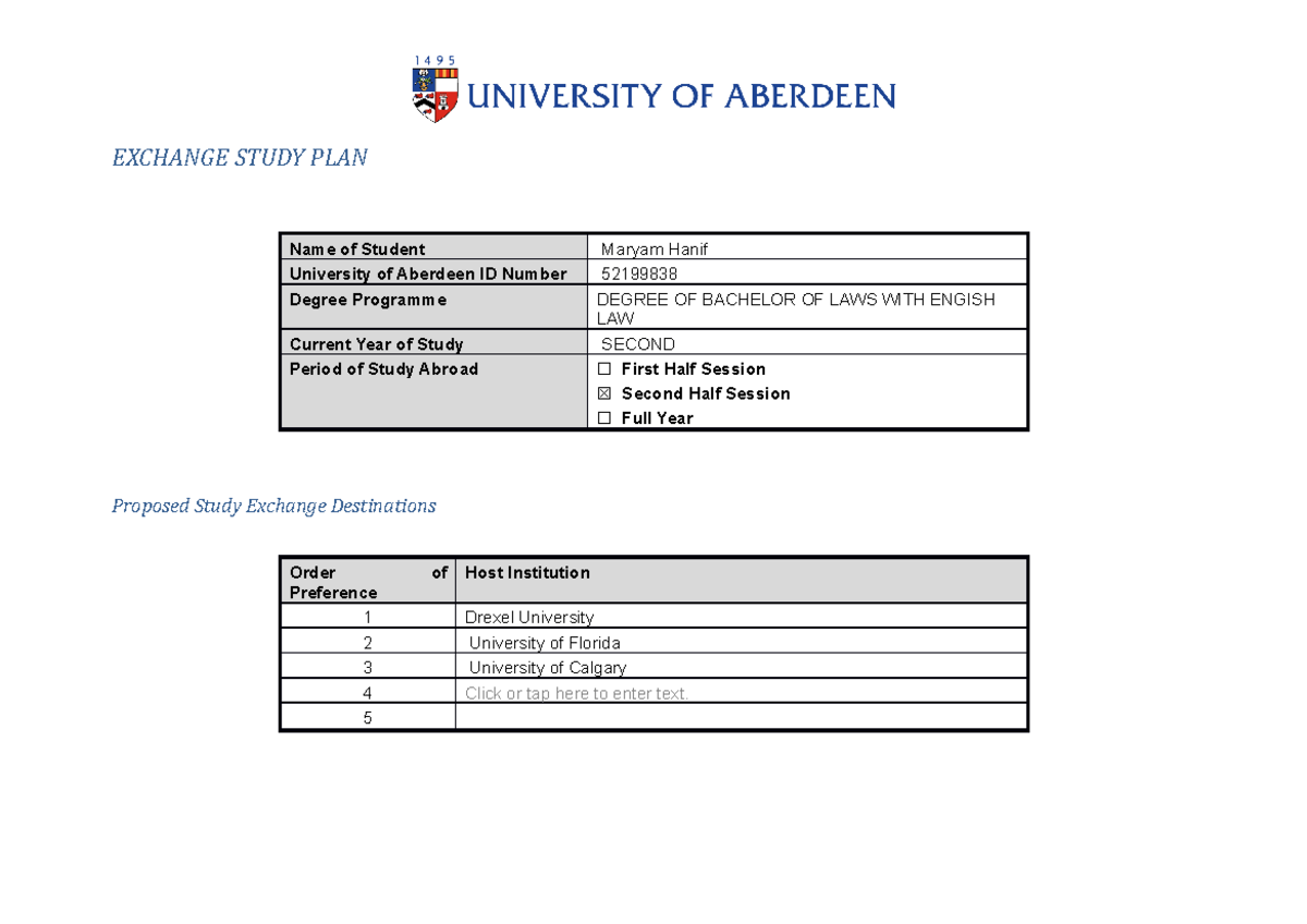 Exchange Study Plan Template v3 - EXCHANGE STUDY PLAN Name of Student Maryam Hanif University of ...