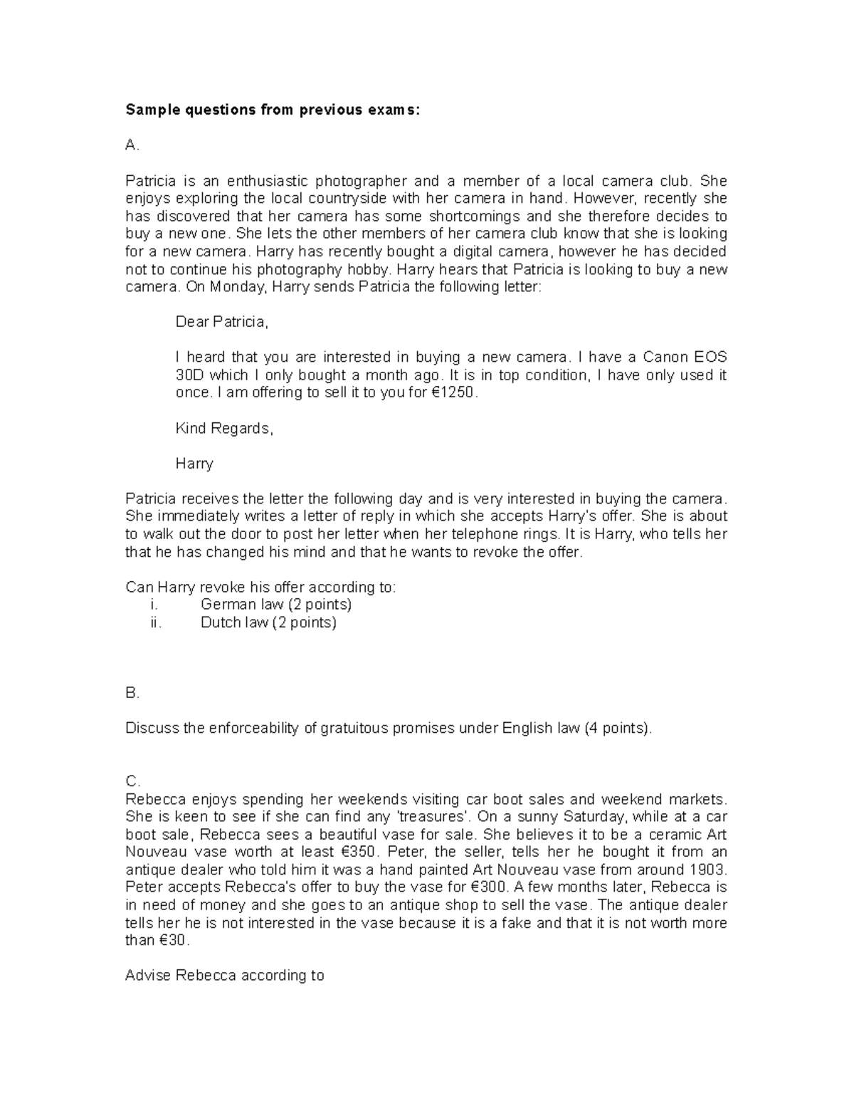 Sample questions contract - Sample questions from previous exams: A ...