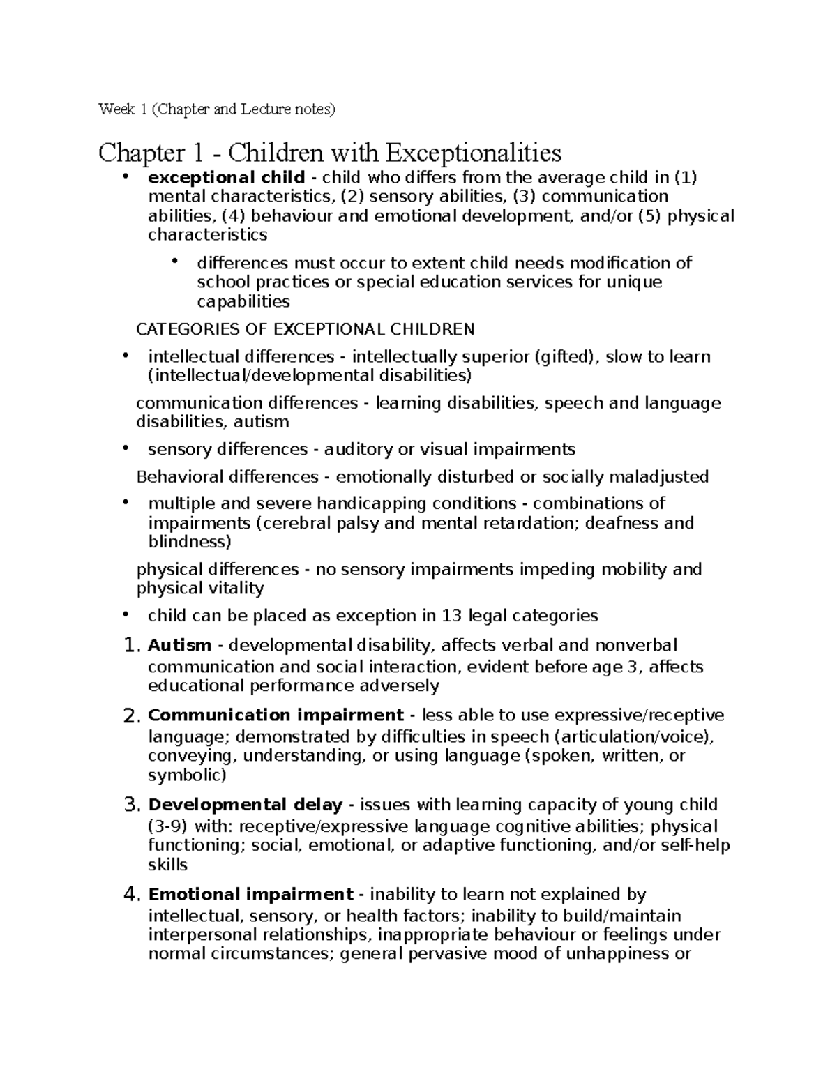 Week 1 notes - Week 1 (Chapter and Lecture notes) Chapter 1 - Children ...