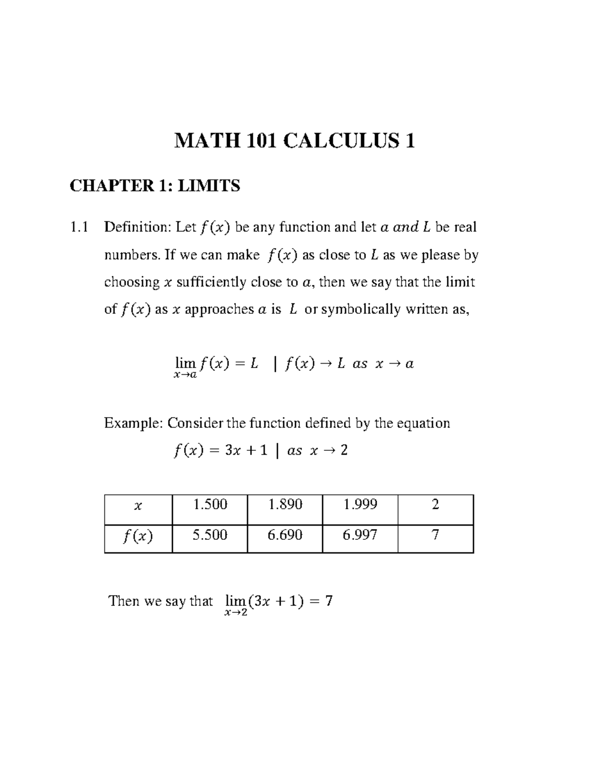 MATH 101 CHAP 1 - This is a calculus 101 - MATH 101 CALCULUS 1 CHAPTER ...