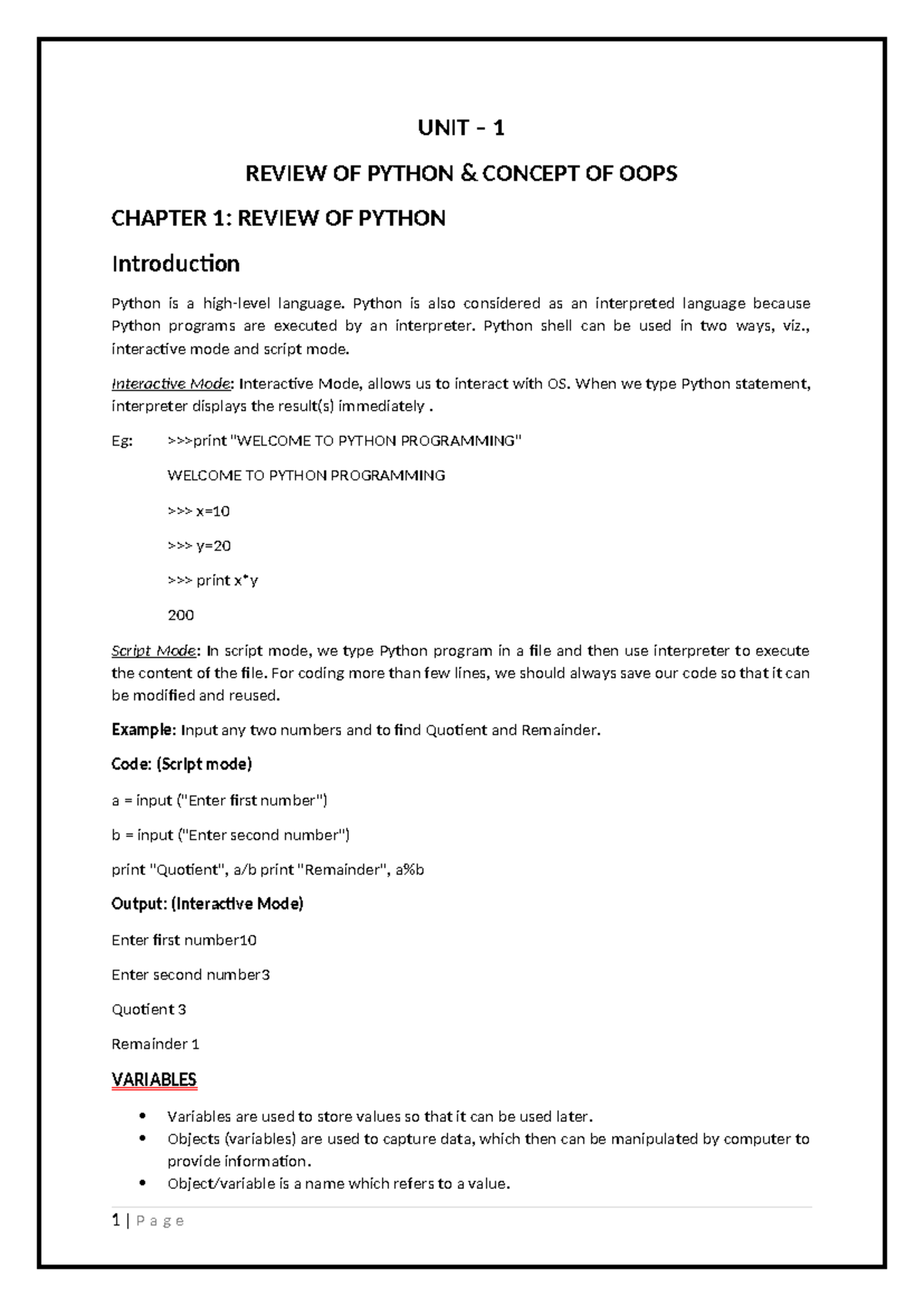 Notes - python - UNIT – 1 REVIEW OF PYTHON & CONCEPT OF OOPS CHAPTER 1 ...