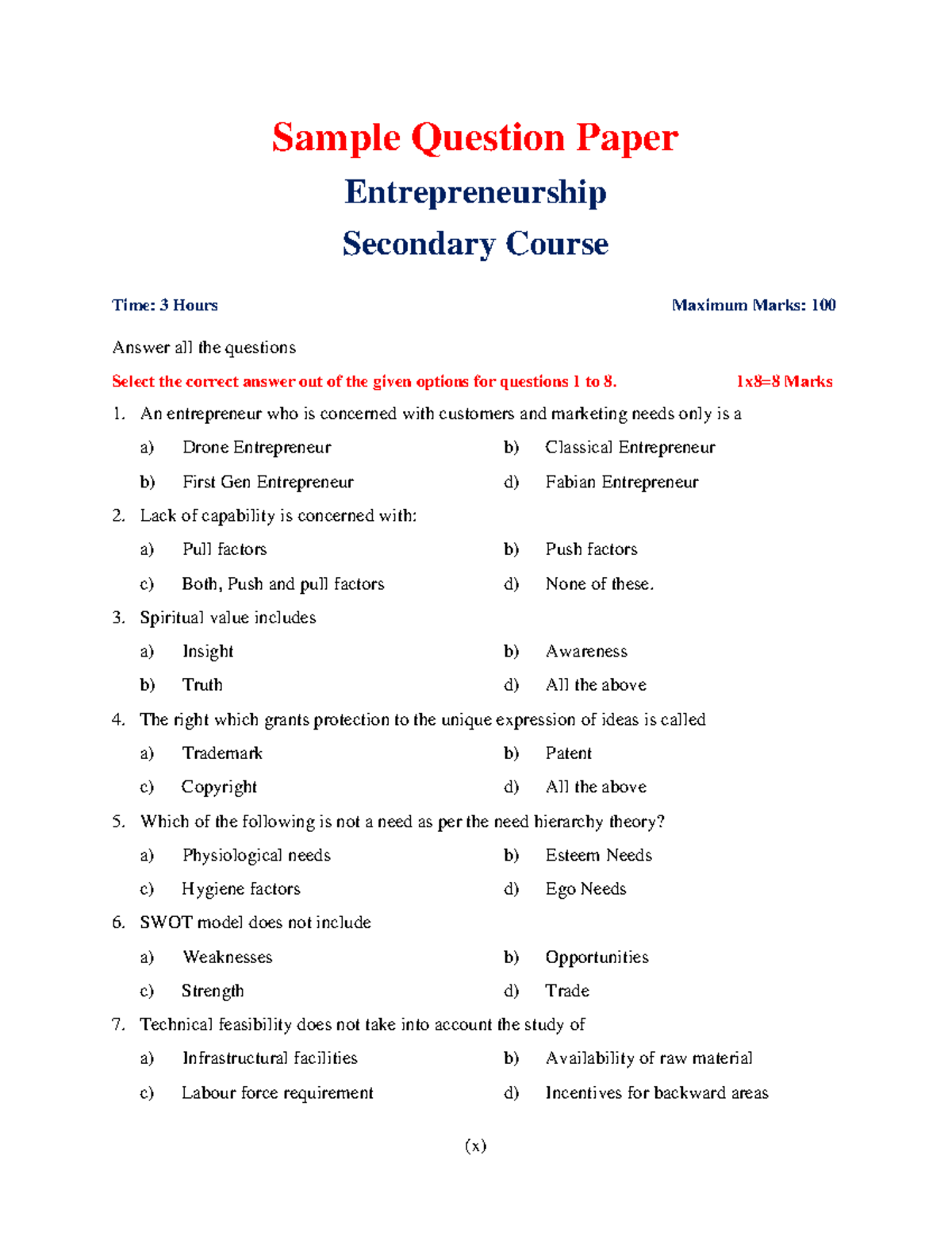 249 Enterpreneurship Sample Question Paper - (x) Sample Question Paper ...