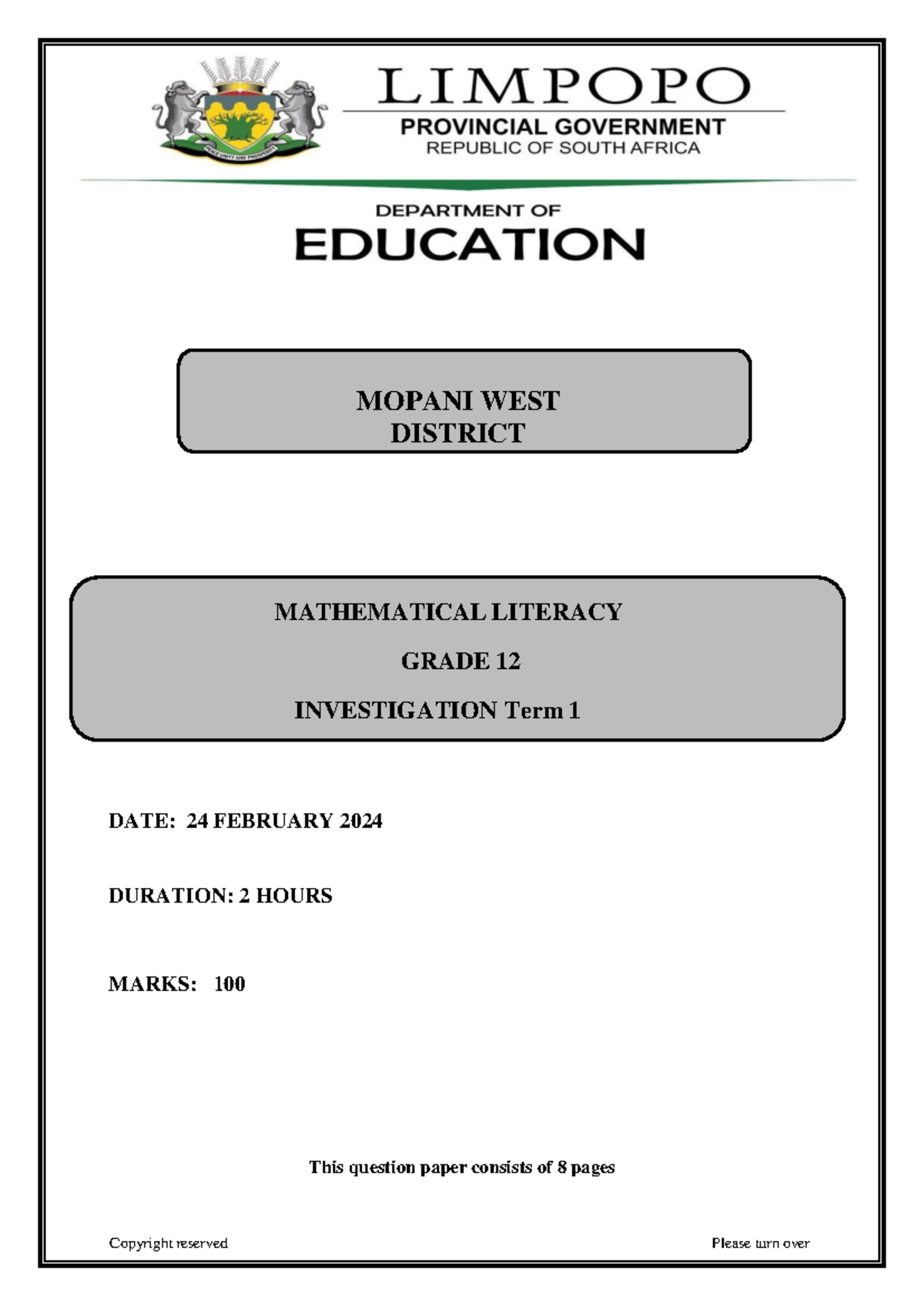 2024 MLIT Grade 12 TERM 1 Investigation - Copyright reserved Please ...