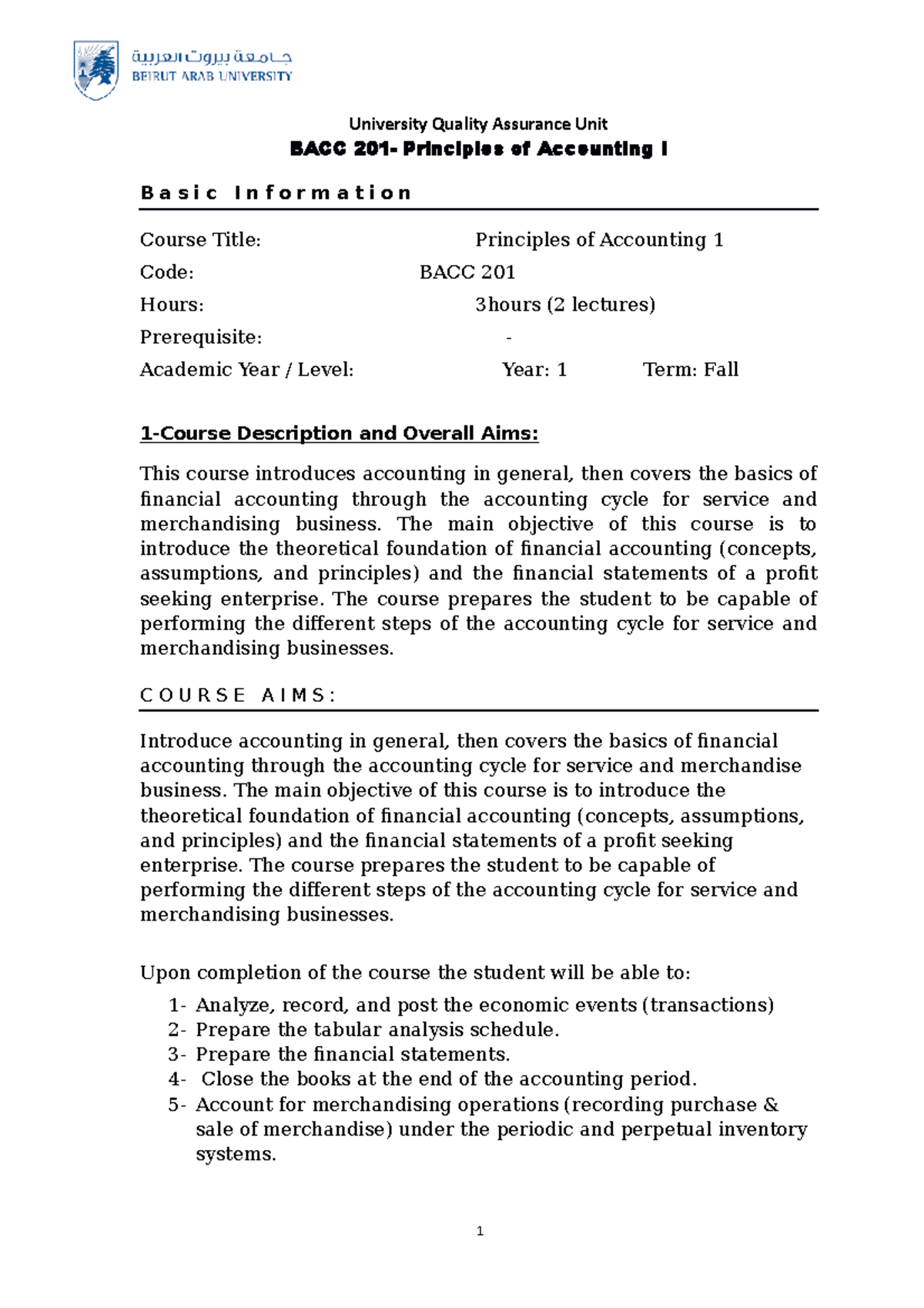BACC 201-Course specification - University Quality Assurance Unit BACC ...