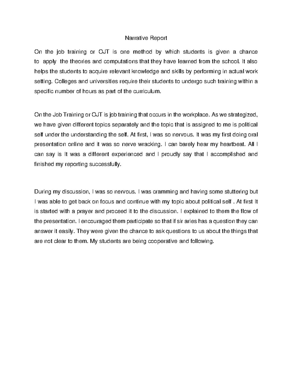 Narrative Report - Read Carefully - Narrative Report On the job ...