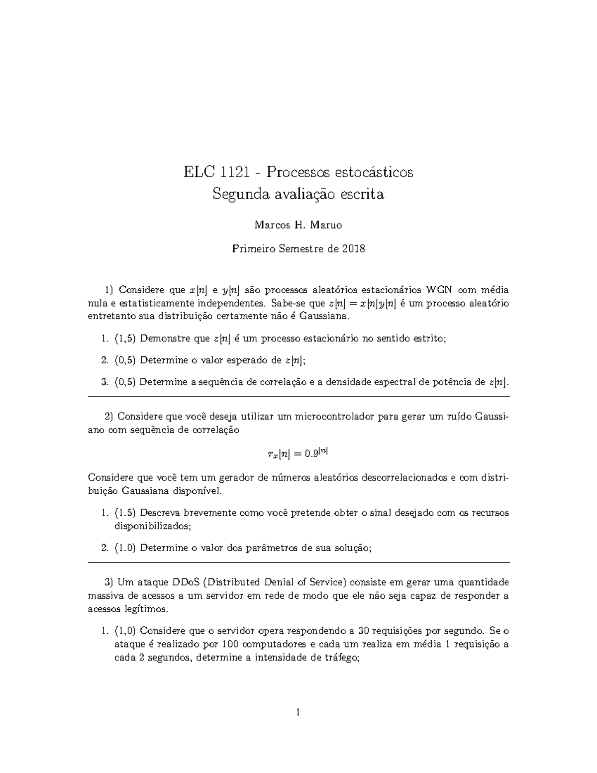 Segunda Prova De Processos Estocásticos Elc 1121 Processos Estoc
