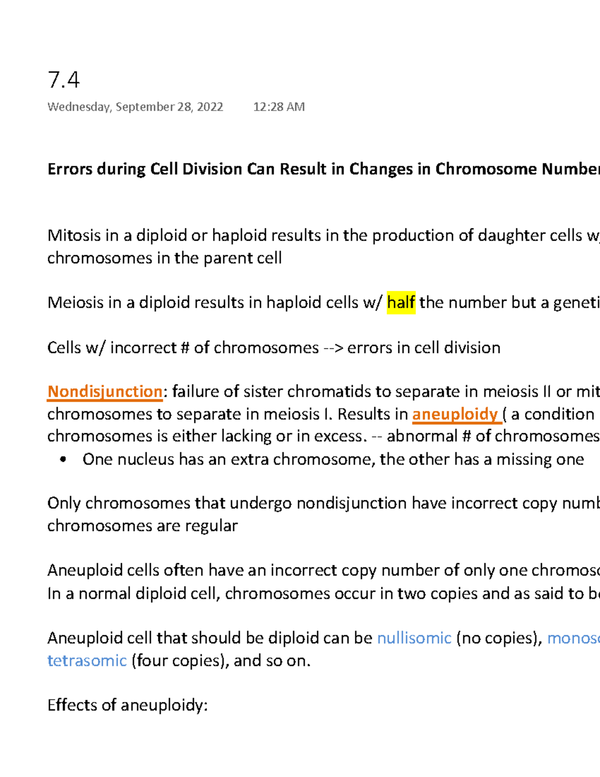 7 - Chapter 7.4 Reading notes - Errors during Cell Division Can Result ...