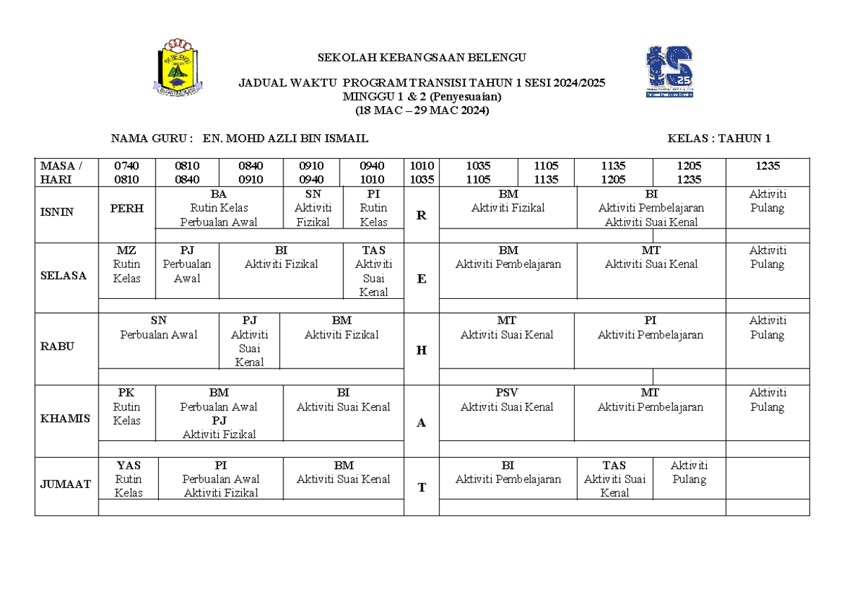 Jadual Transisi Minggu 1 - 4 2024 - SEKOLAH KEBANGSAAN BELENGU JADUAL ...