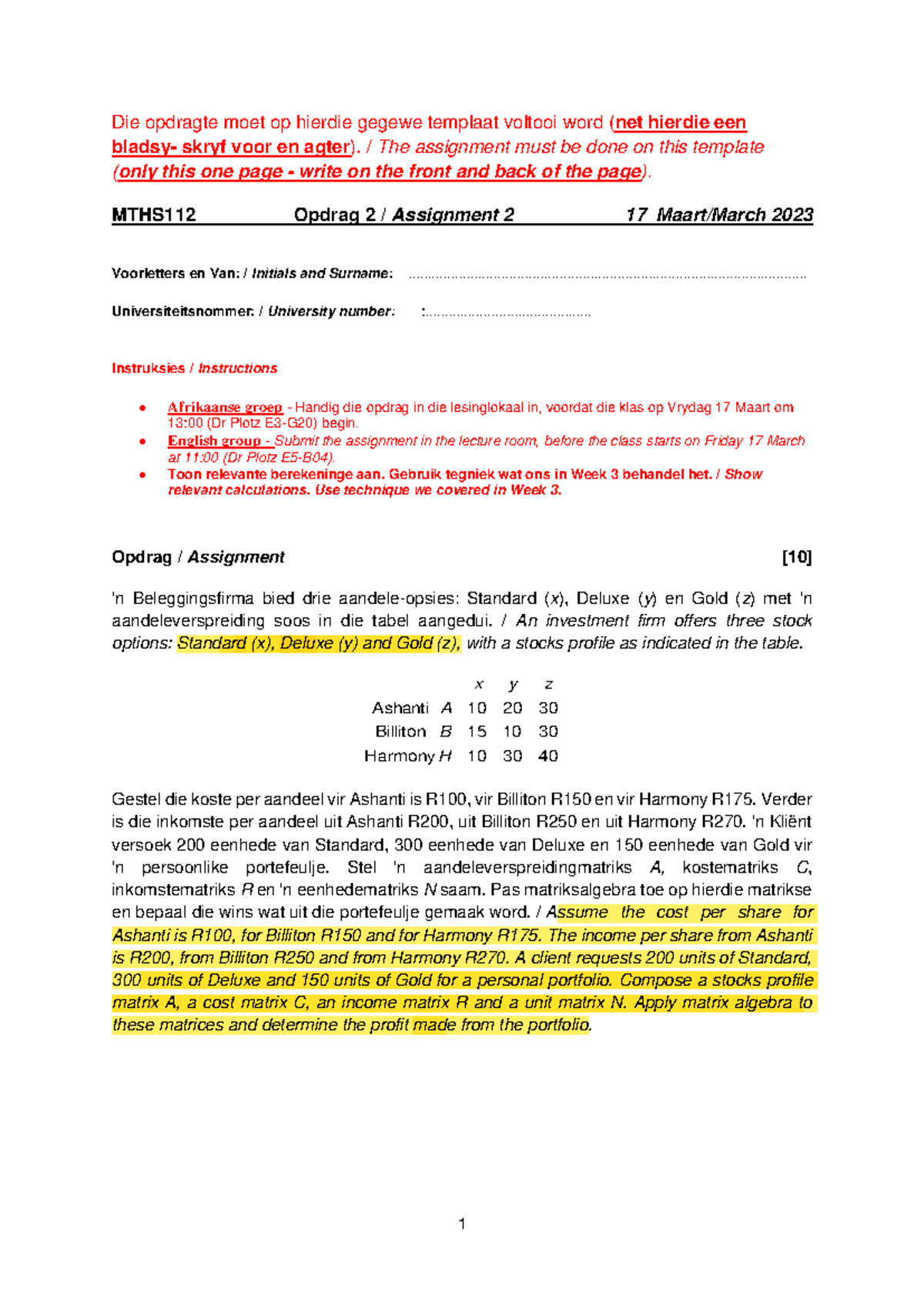 MTHS112 2023 Opdrag 2 Assignment - 1 Die opdragte moet op hierdie ...