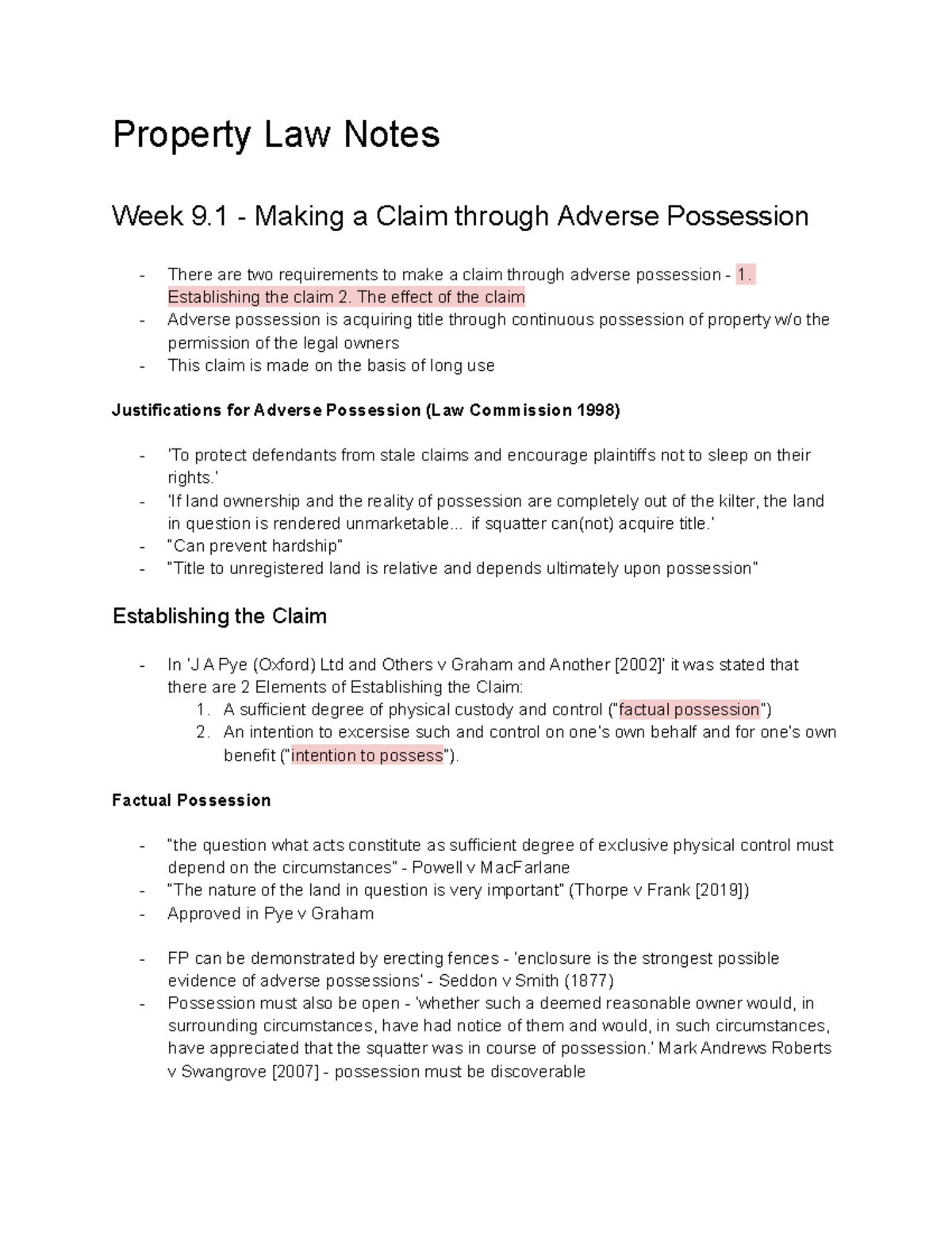 Property Law Notes - Property Law Notes Week 9 - Making a Claim through ...