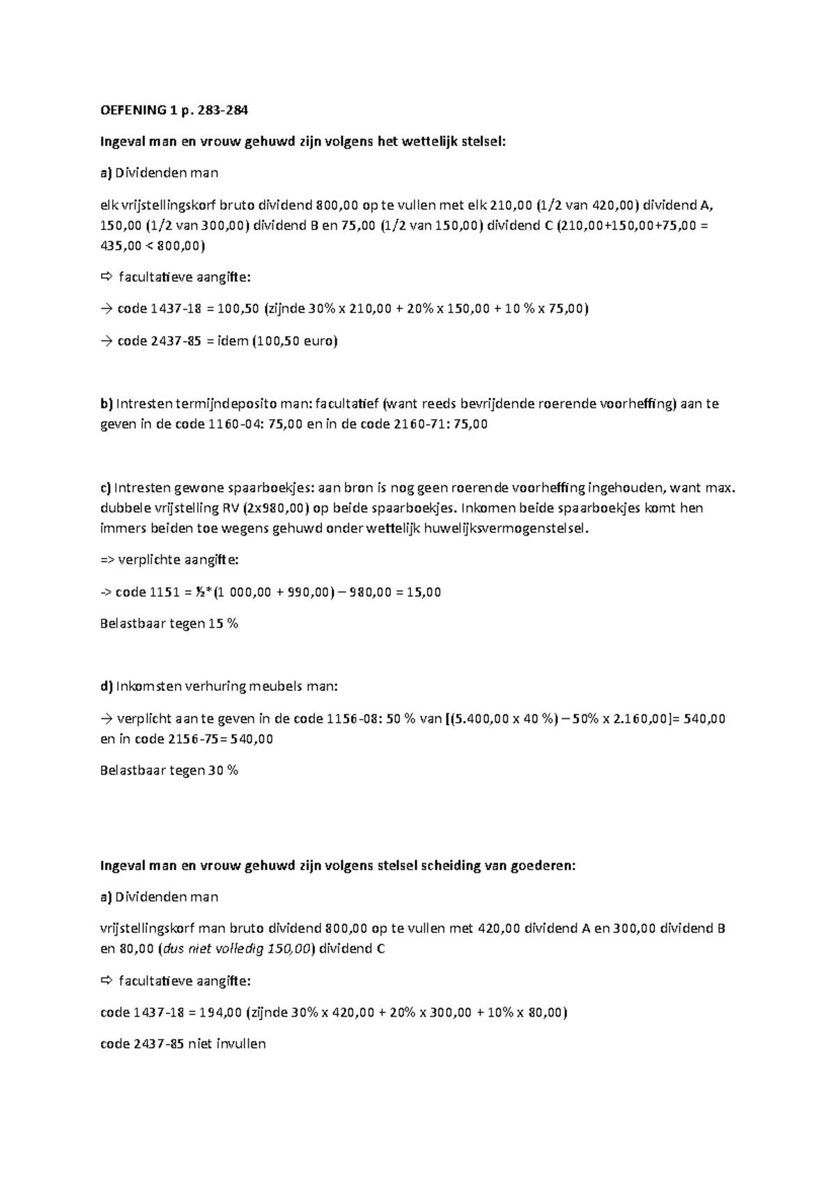 Oplossingen Vak VII - fiscaliteit a zebbi - OEFENING 1 p. 283- Ingeval ...
