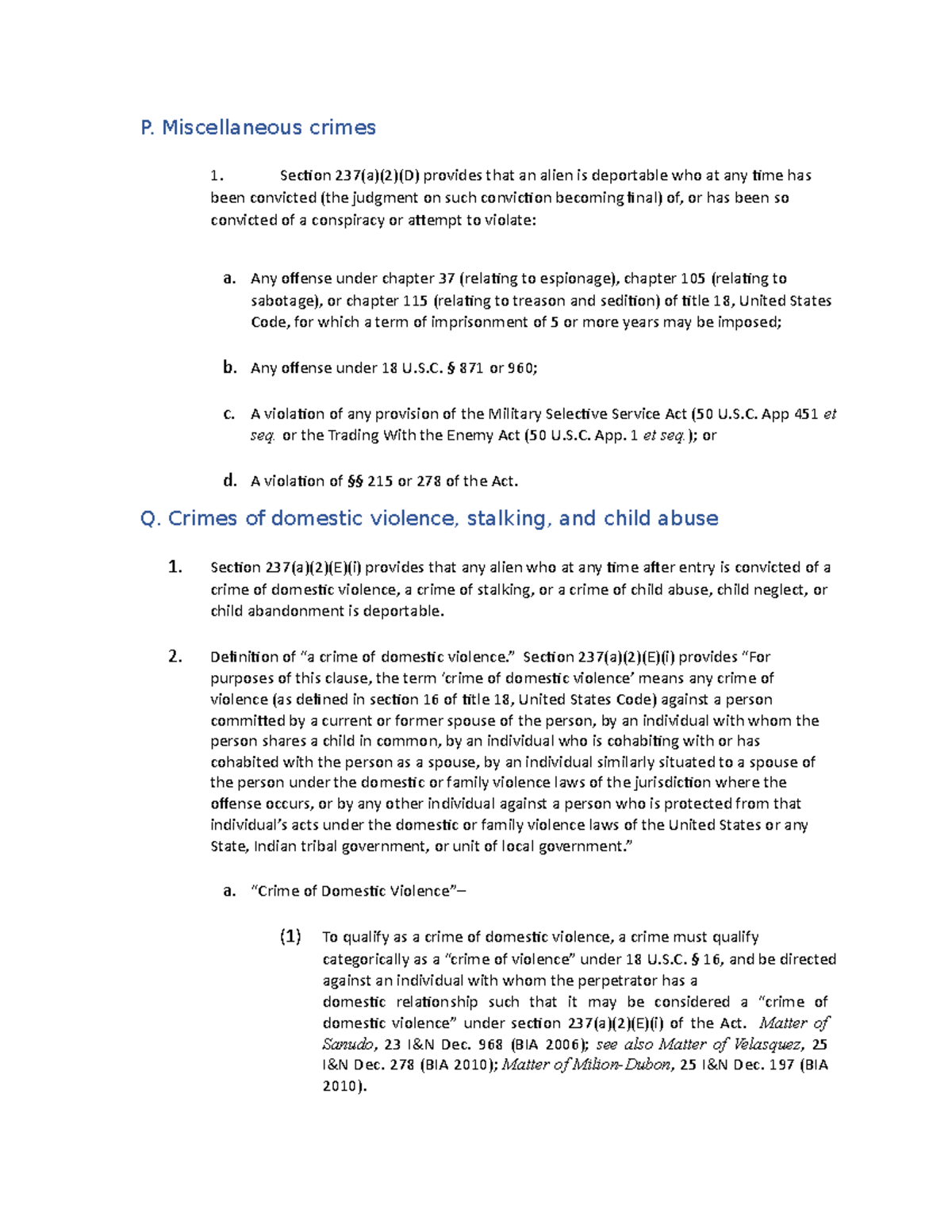 Immigration law m11 - P. Miscellaneous crimes Section 237(a)(2)(D ...