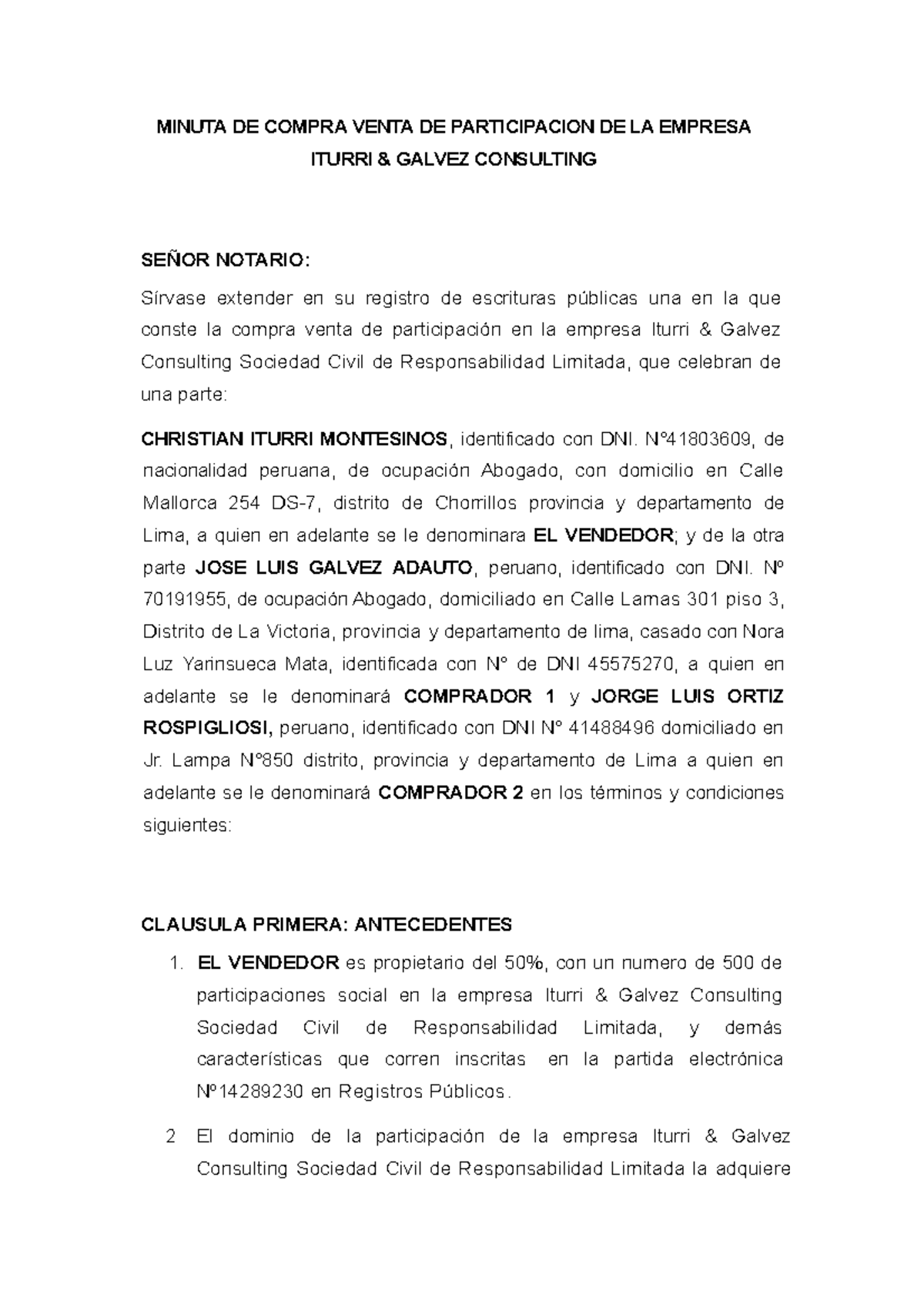 Final Borrador DE Minuta Compra Y Venteea - MINUTA DE COMPRA VENTA DE PARTICIPACION DE LA ...