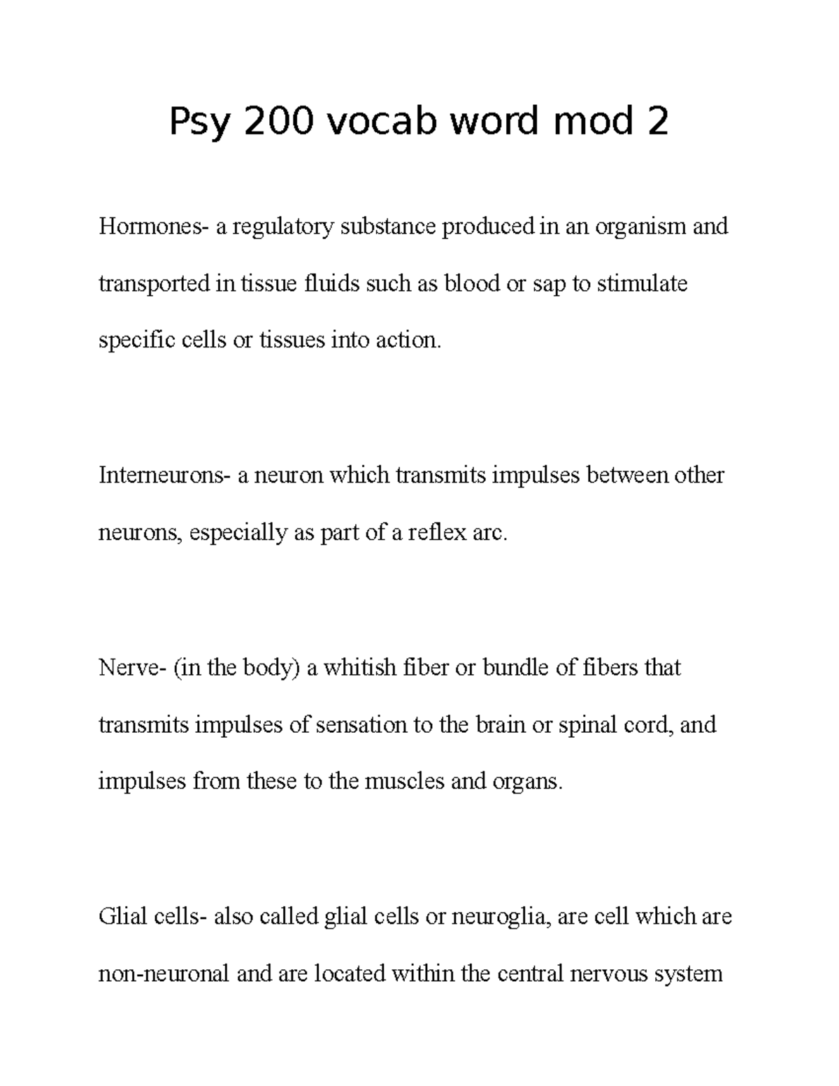psy 200 module 2 - Psy 200 vocab word mod 2 Hormones- a regulatory ...