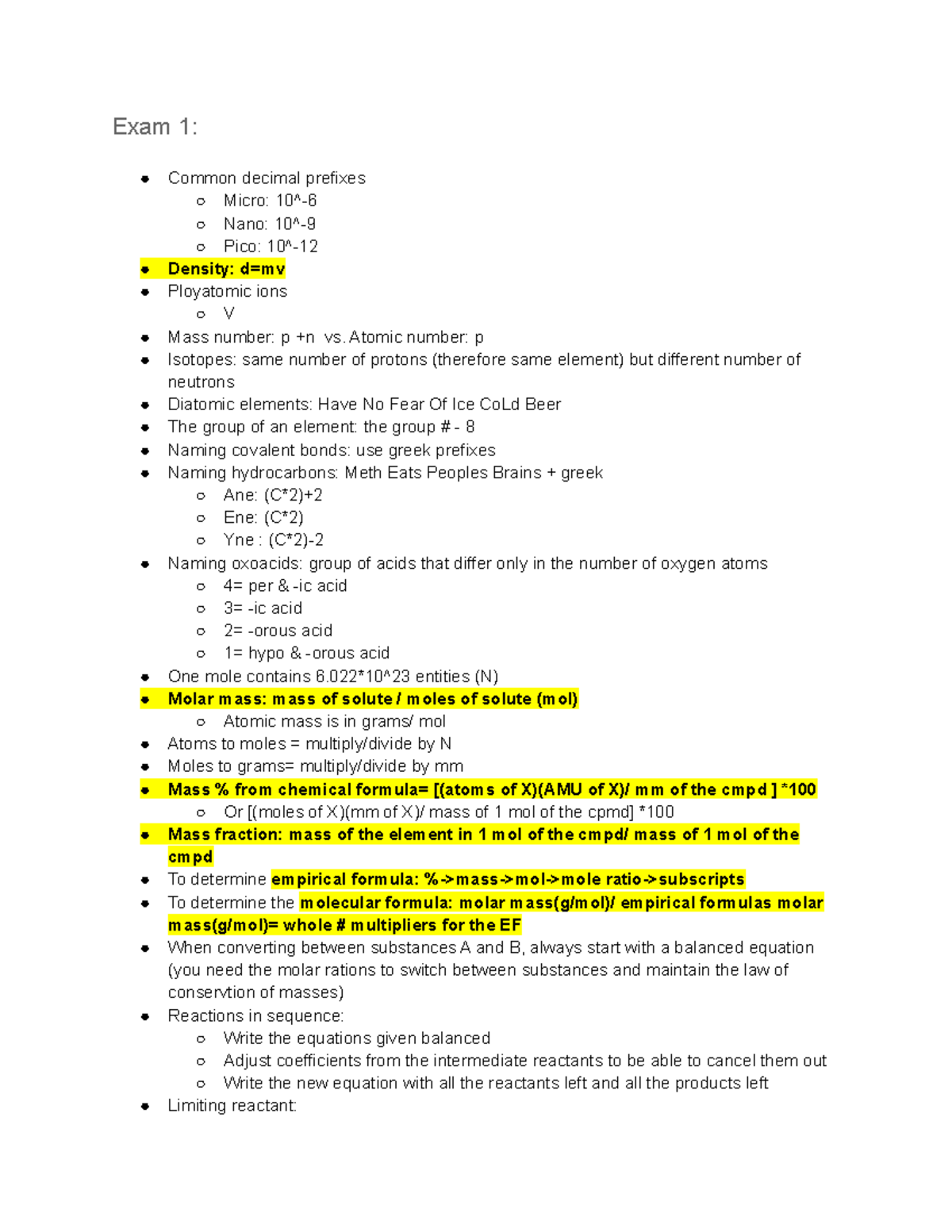 Chem 1 recap sheet - Summary of content for the first general chemistry ...