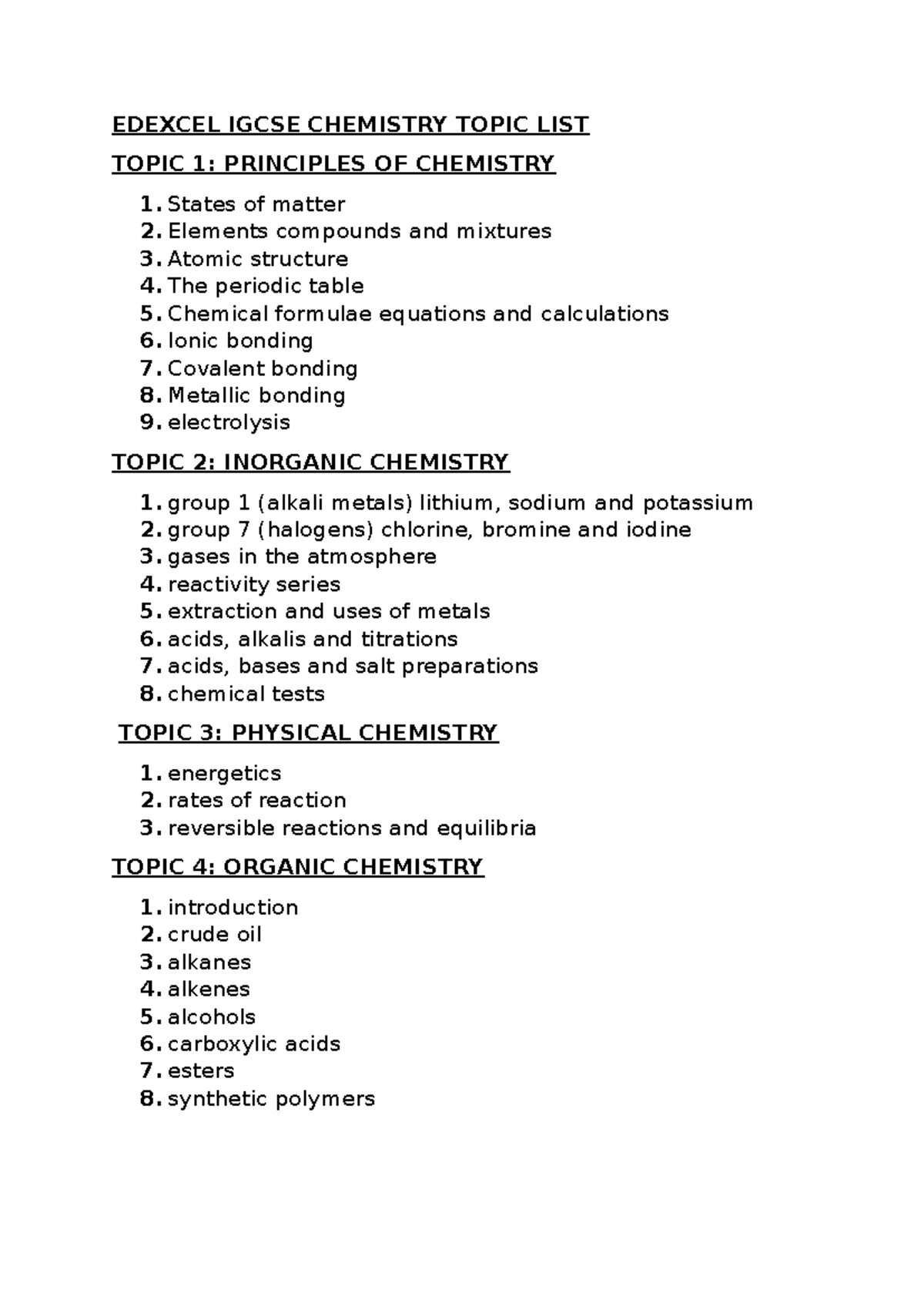 Edexcel Igcse Chemistry Topic LIST 2 - EDEXCEL IGCSE CHEMISTRY TOPIC ...