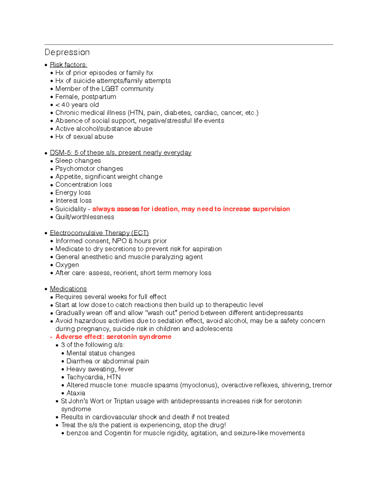Mental Health - Depression Study Guide - Depression Risk factors: Hx of ...