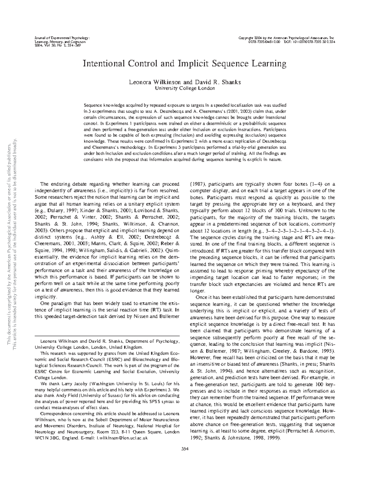 Wilkinson and Shanks Intentional Control of Implicit Sequence Learning ...