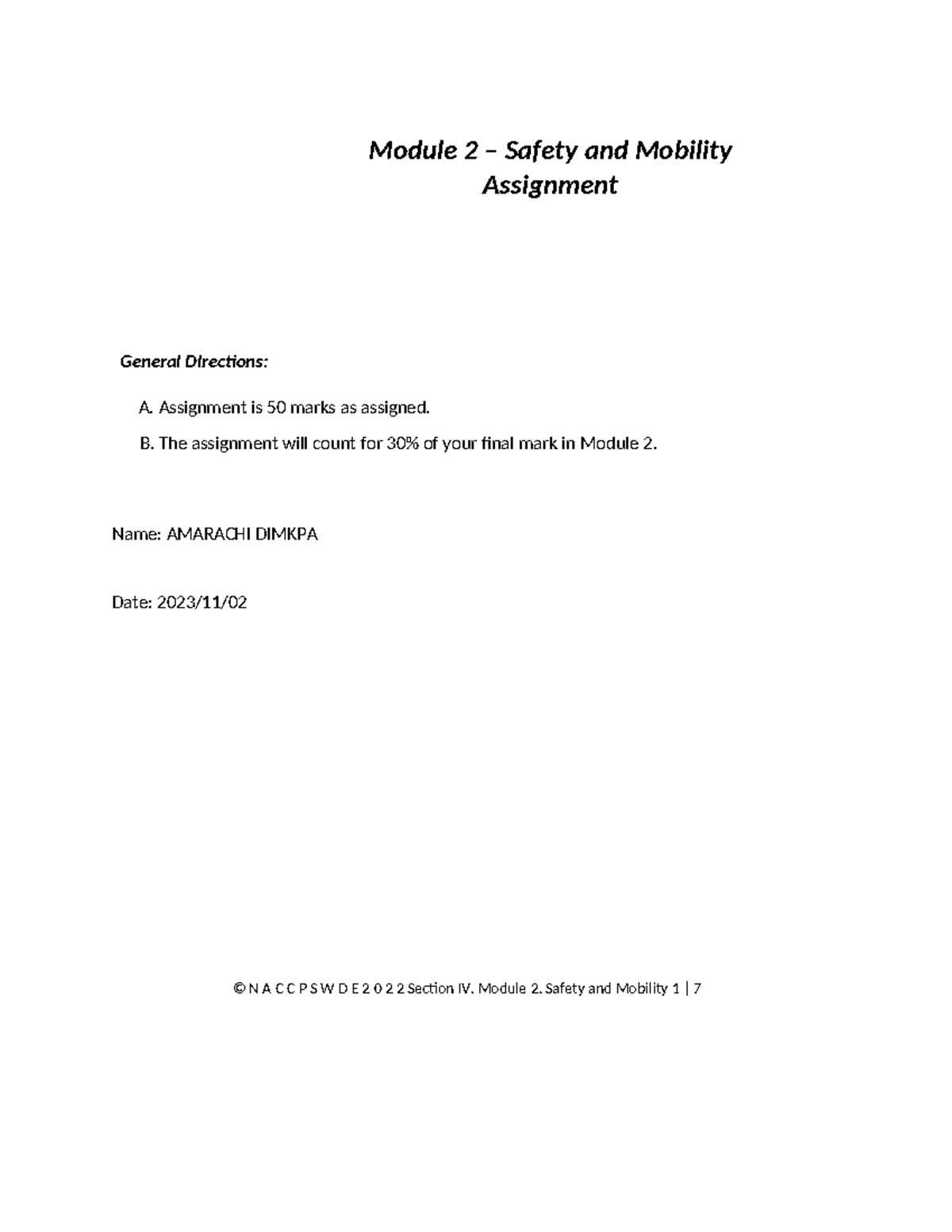 IV-3 Assigmt- Module 2 Safety & Mobility Amarachi Dimkpa - Module 2 ...
