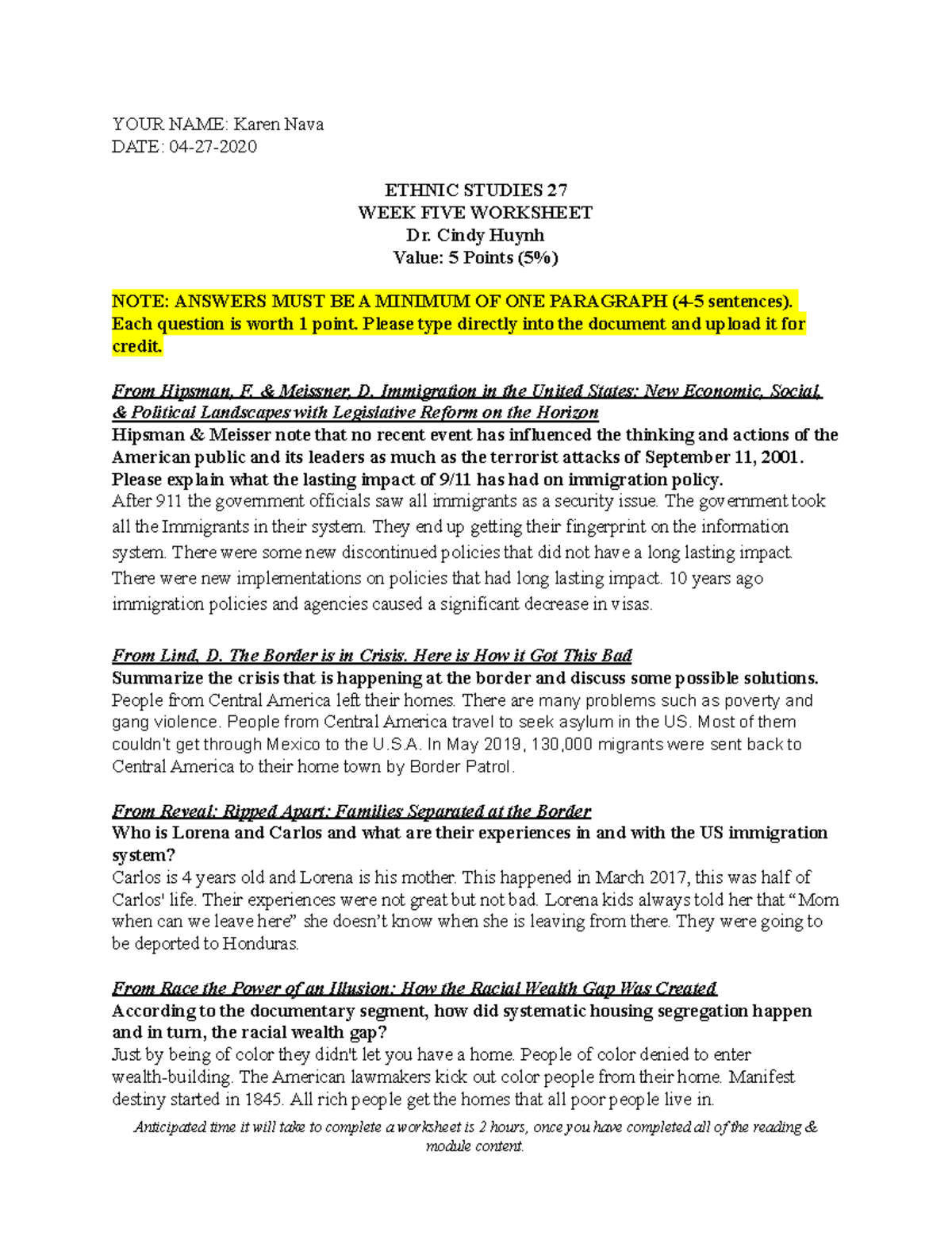 ETH 27 Worksheet 5 - YOUR NAME: Karen Nava DATE: 04-27- ETHNIC STUDIES ...