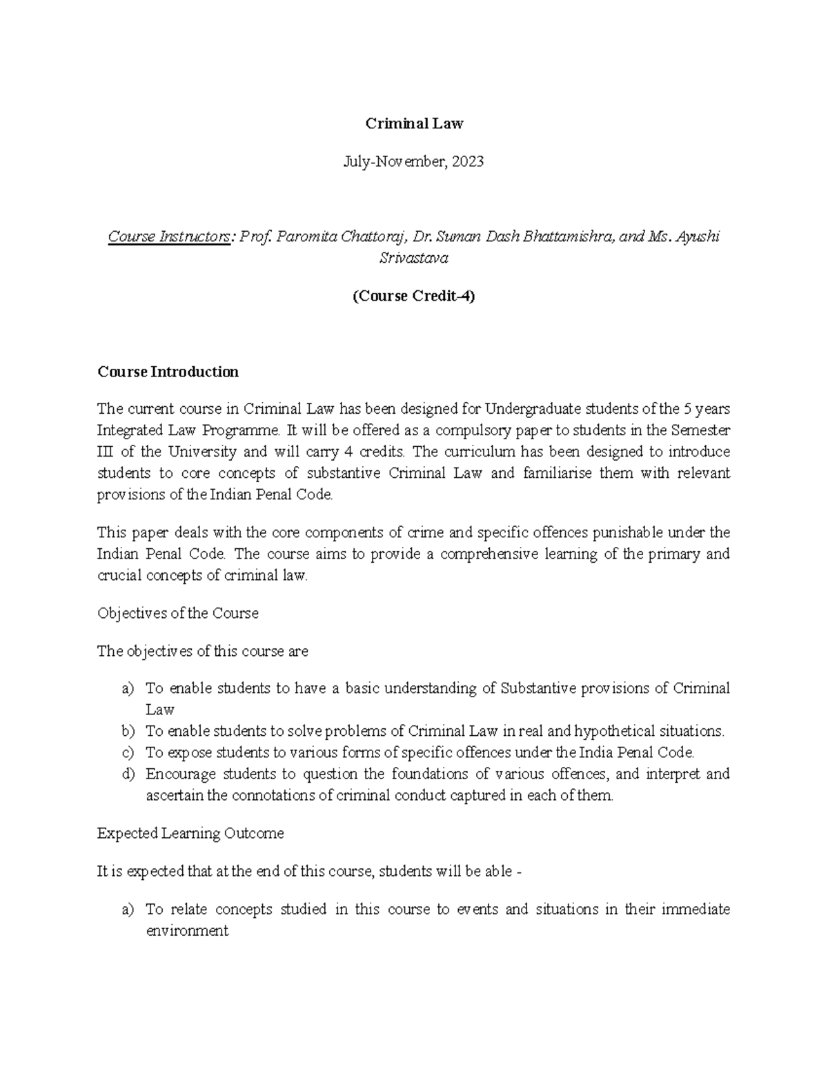 Criminal LAW- Course Outline - Criminal Law July-November, 2023 Course ...