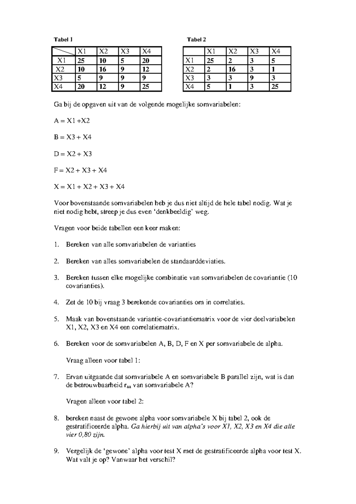Opgaven voor variantiecoverantie matrix - Tabel 1 Tabel 2 X1 X2 X3 X4 ...