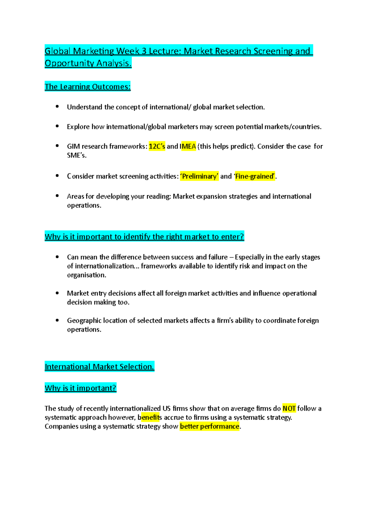 Global Marketing Week 3 Lecture:Market Research Screening and ...