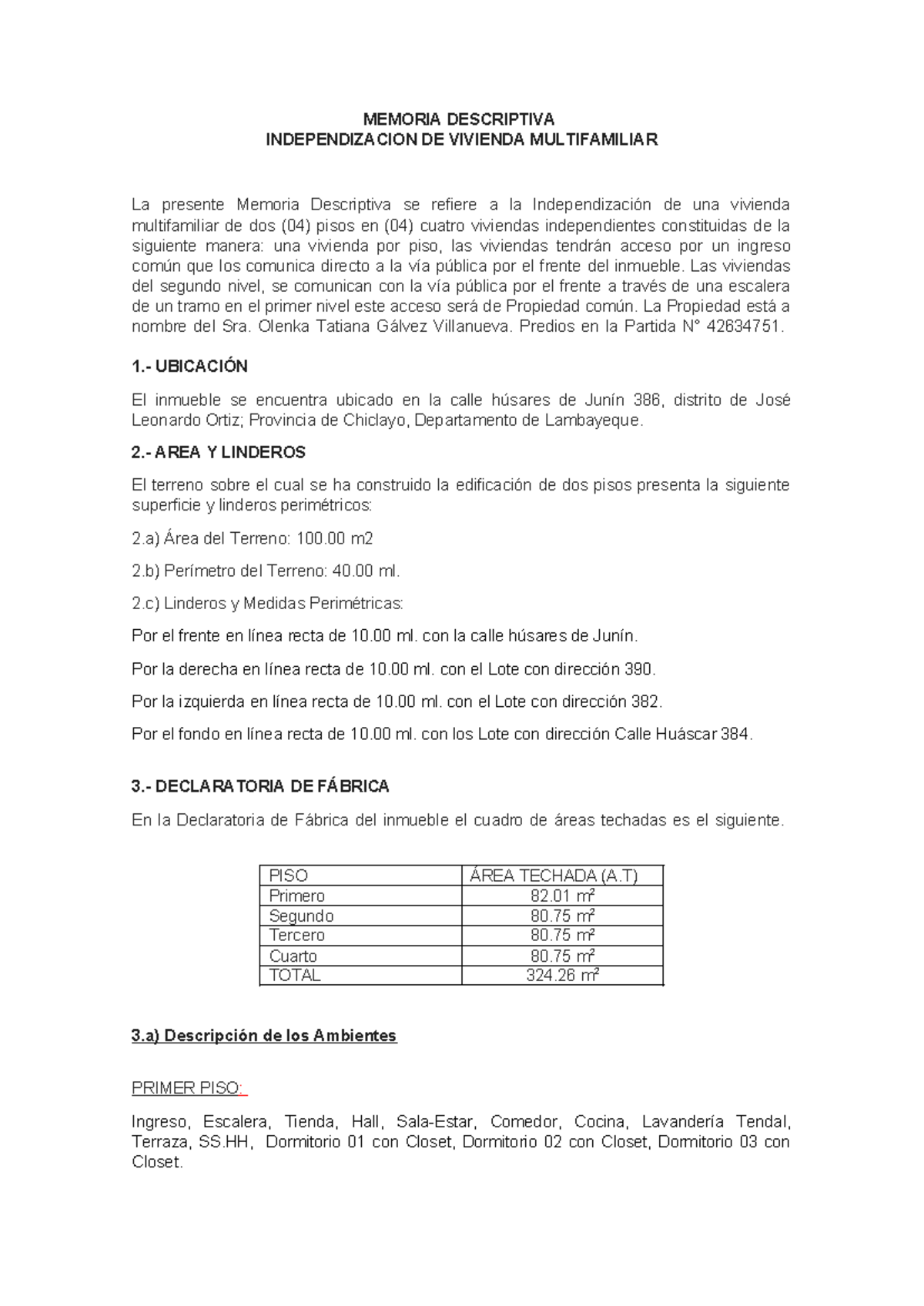 Memoria Descriptiva DE Independizacion - MEMORIA DESCRIPTIVA ...